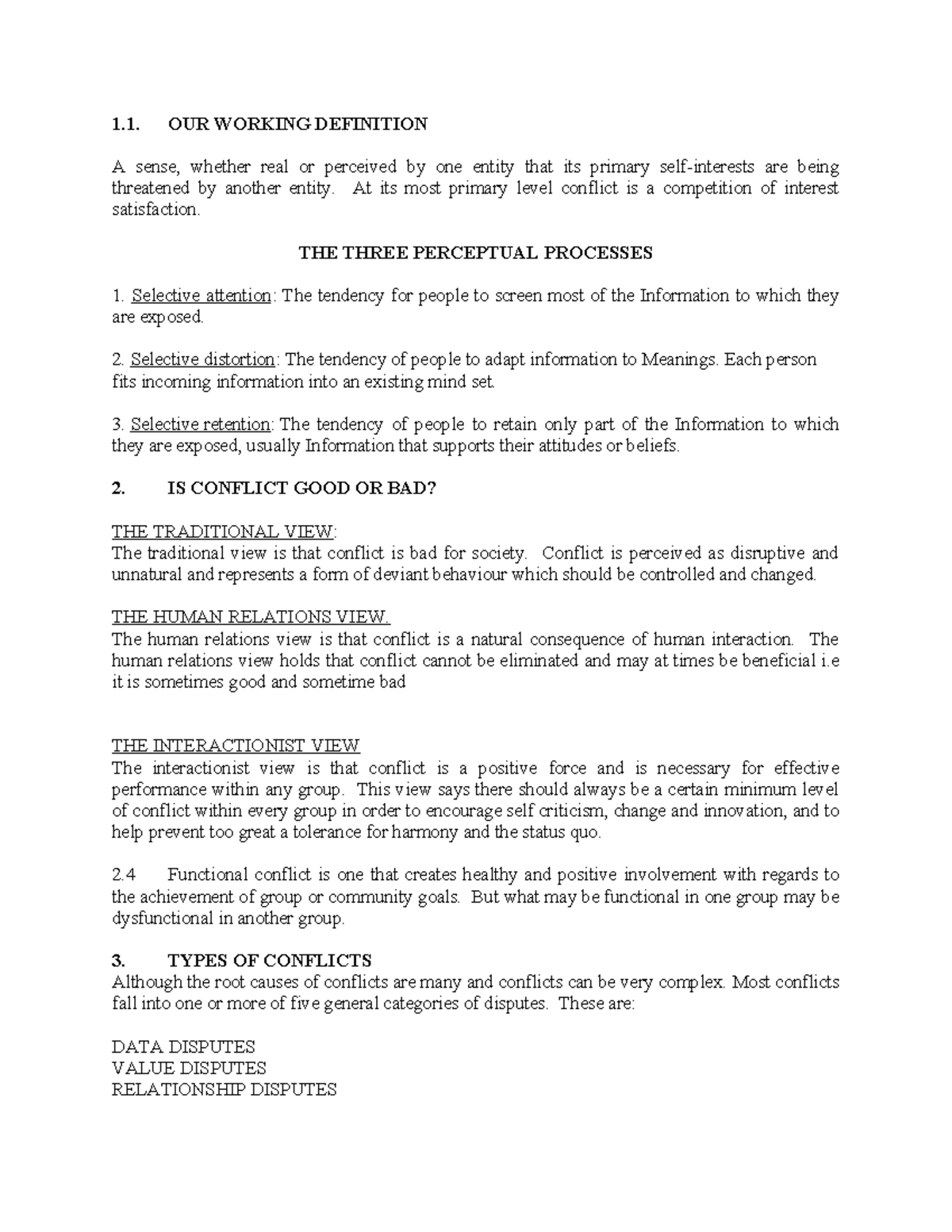 Handout ON Conflict Management - 1. OUR WORKING DEFINITION A sense ...