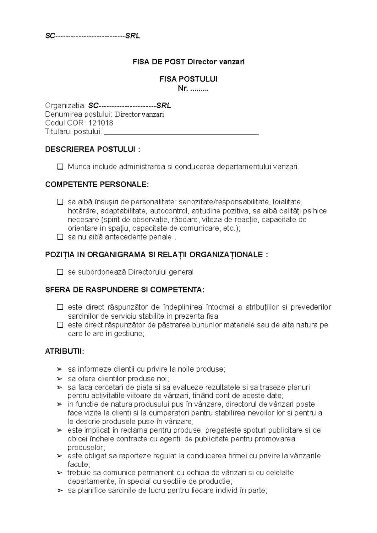112018-director-vanzari - SC-SRL FISA DE POST Director vanzari FISA POSTULUI Nr. ......... - Studocu