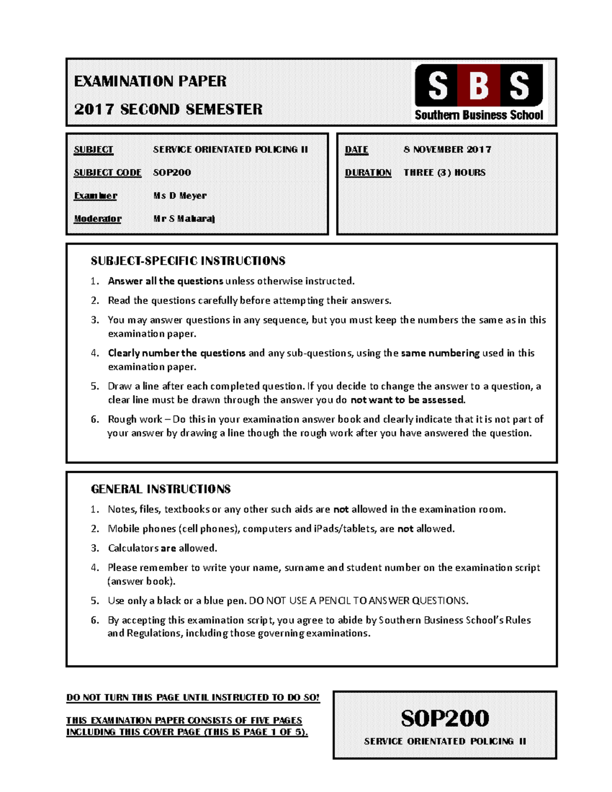 SOP200 2017 02 EXAM - STUDY GUIDE - GENERAL INSTRUCTIONS 1. Notes ...
