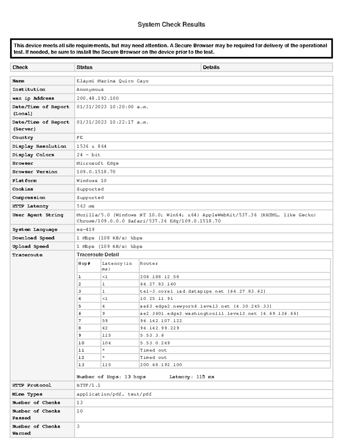 System Check Report 01312023 1024 - System Check Results This device ...