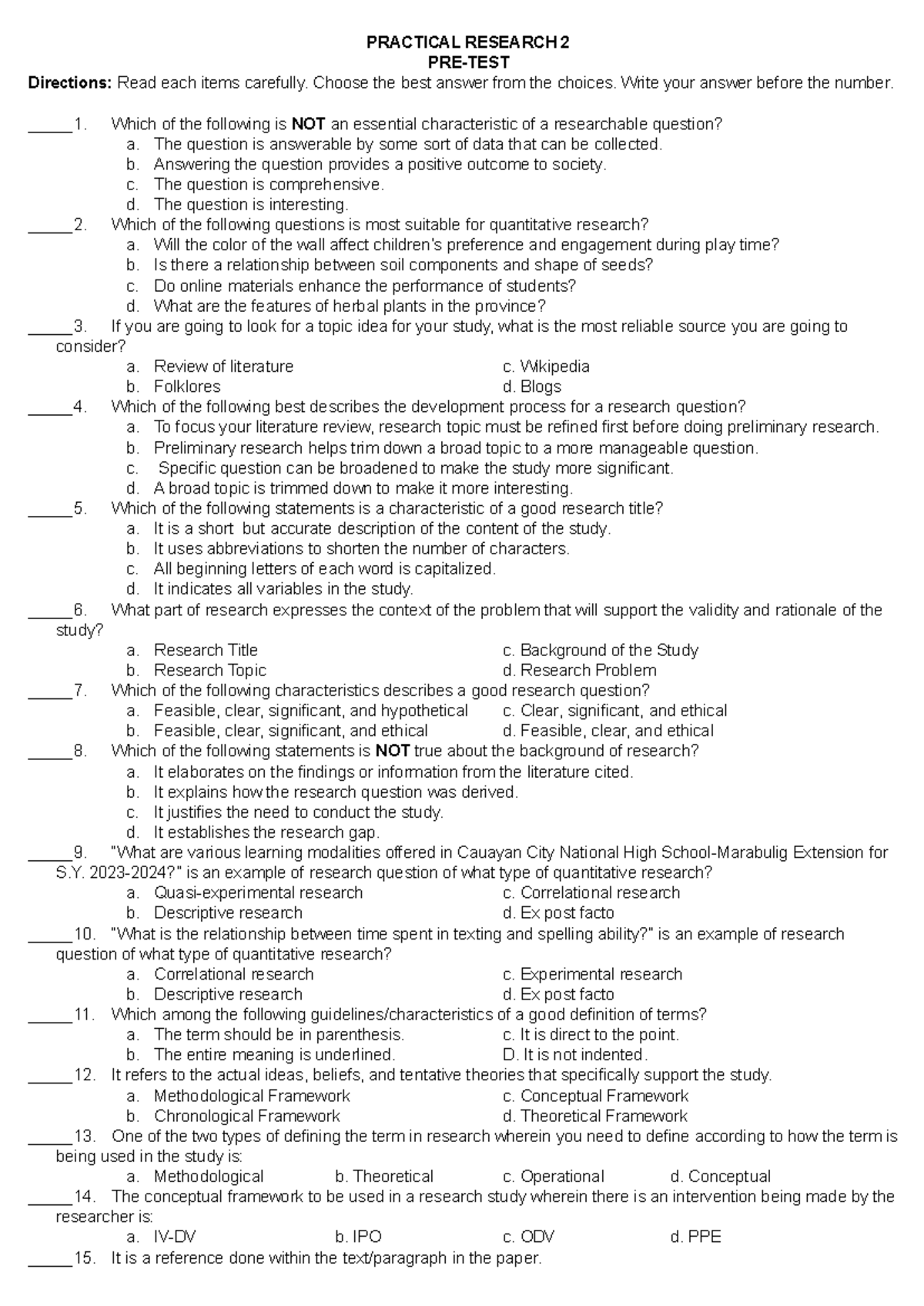 PR2 Pre-test - Pre-test - PRACTICAL RESEARCH 2 PRE-TEST Directions ...
