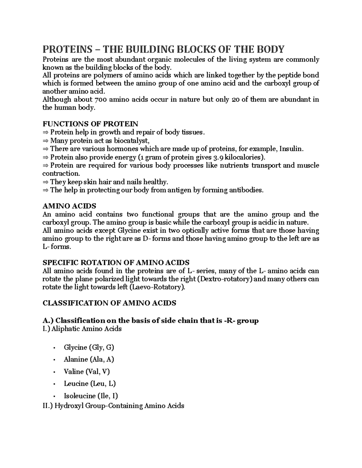 Proteins Summary - PROTEINS – THE BUILDING BLOCKS OF THE BODY Proteins ...