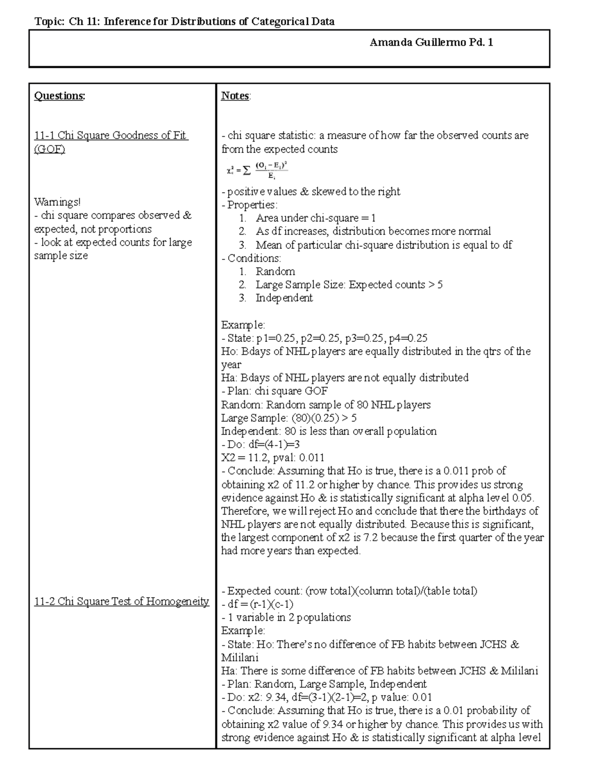 Ch 11 Inference for Distributions of Categorical Data - 1 Questions: 11 ...
