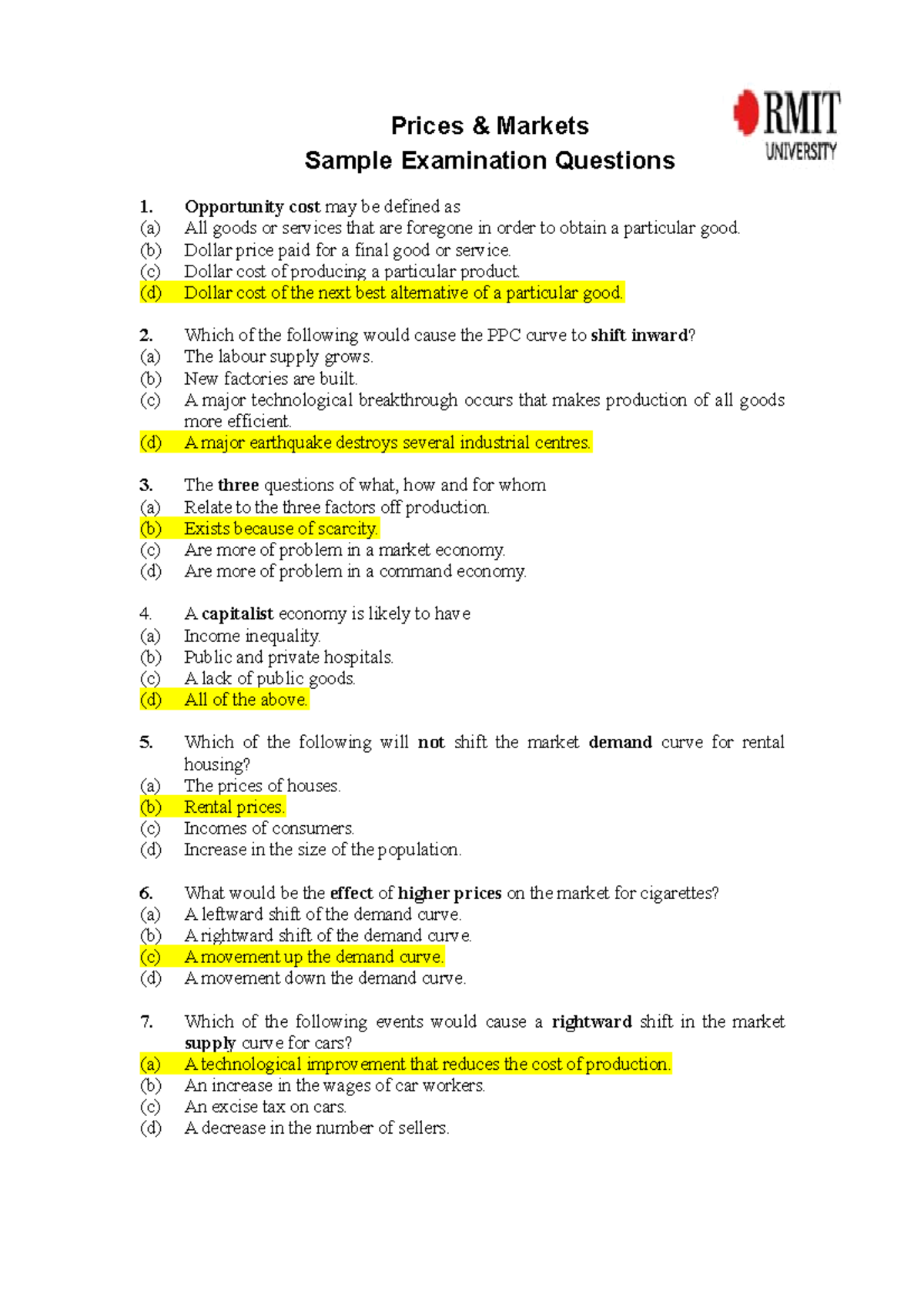 Sample Exam(Mock) - Prices and markets mock exam - Prices & Markets ...