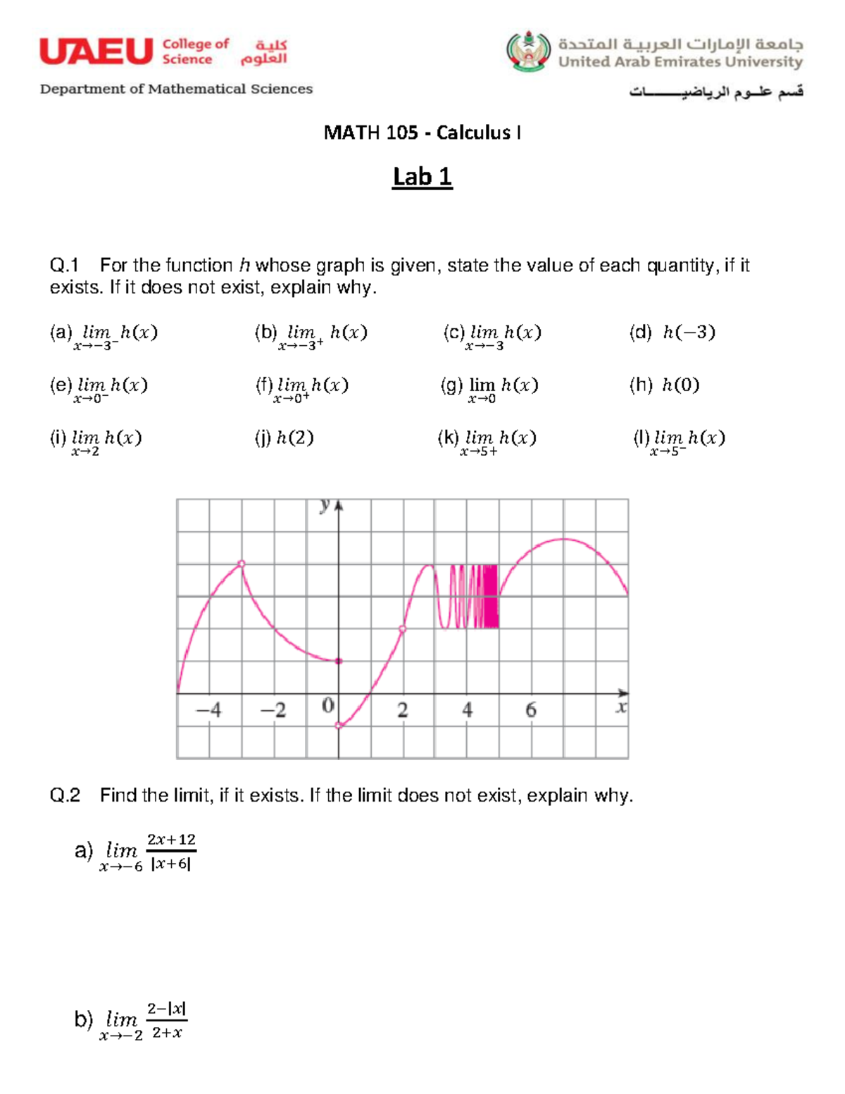 Lab 1 Fall2023 - 000000000000000000 - MATH 105 - Calculus I Lab 1 Q. 1 ...