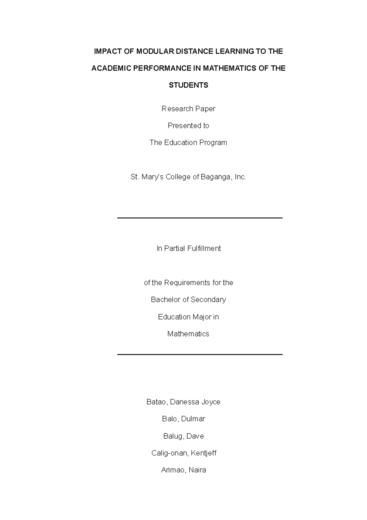 Research-Manuscript-Group-1 3 - IMPACT OF MODULAR DISTANCE LEARNING TO THE ACADEMIC PERFORMANCE ...