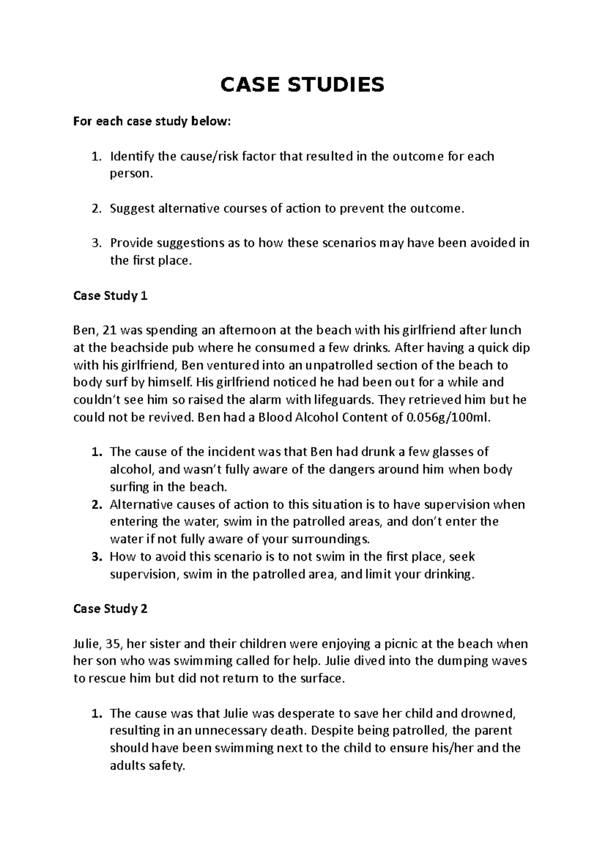 Beach Safety Case Studies - CASE STUDIES For each case study below ...