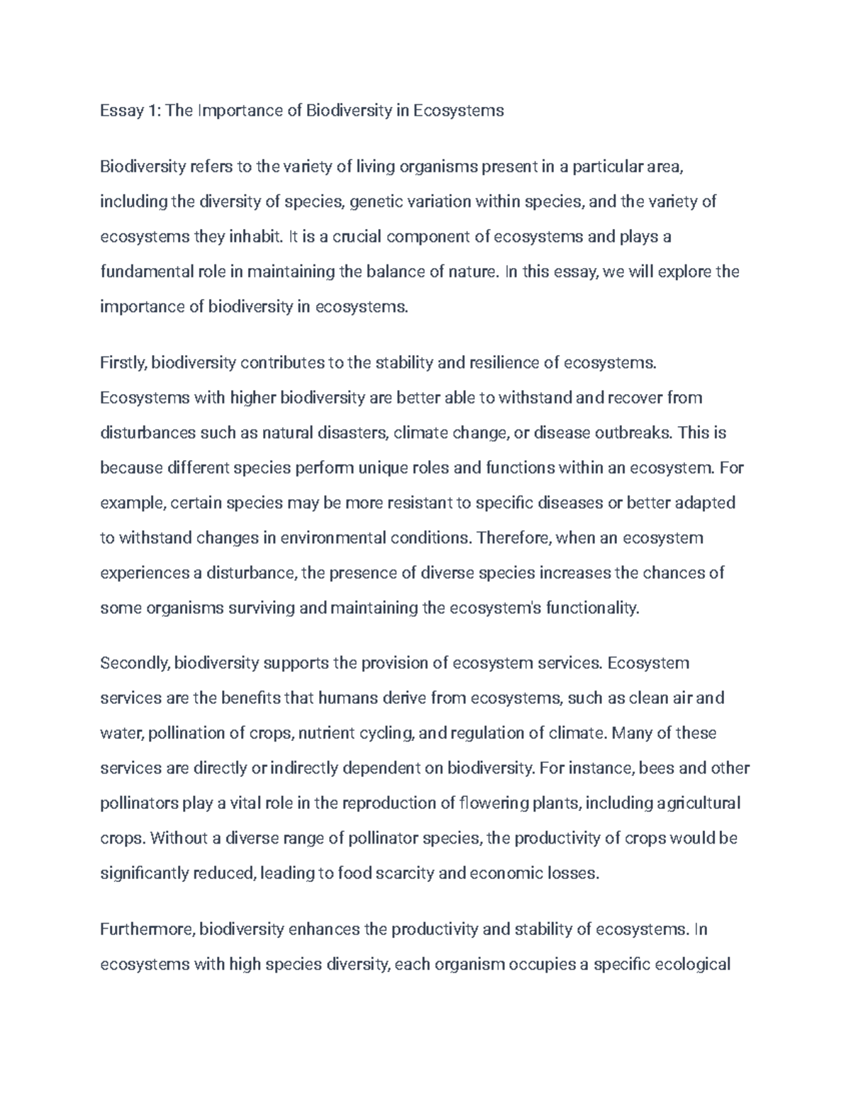 Essay 1 for general biology - Essay 1: The Importance of Biodiversity ...