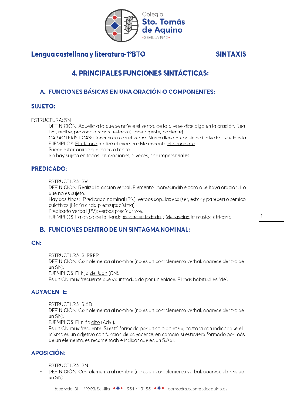 Sintaxis Oraciones Simples 1ºBTO - Colegio Sto. Tomás de Aquino SEVILLA ...