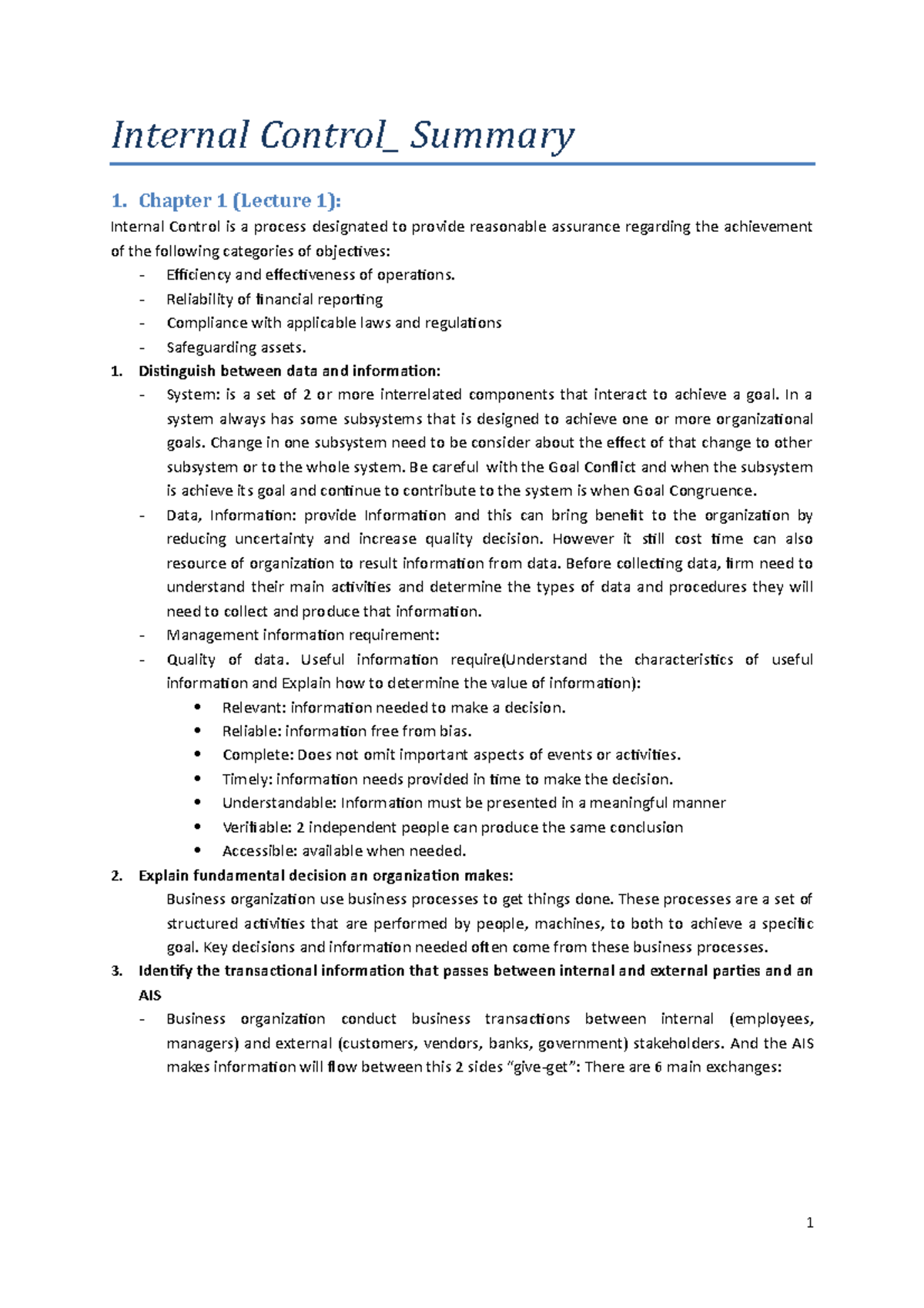 Internal Control Summary - Chapter 1 (Lecture 1): Internal Control is a ...