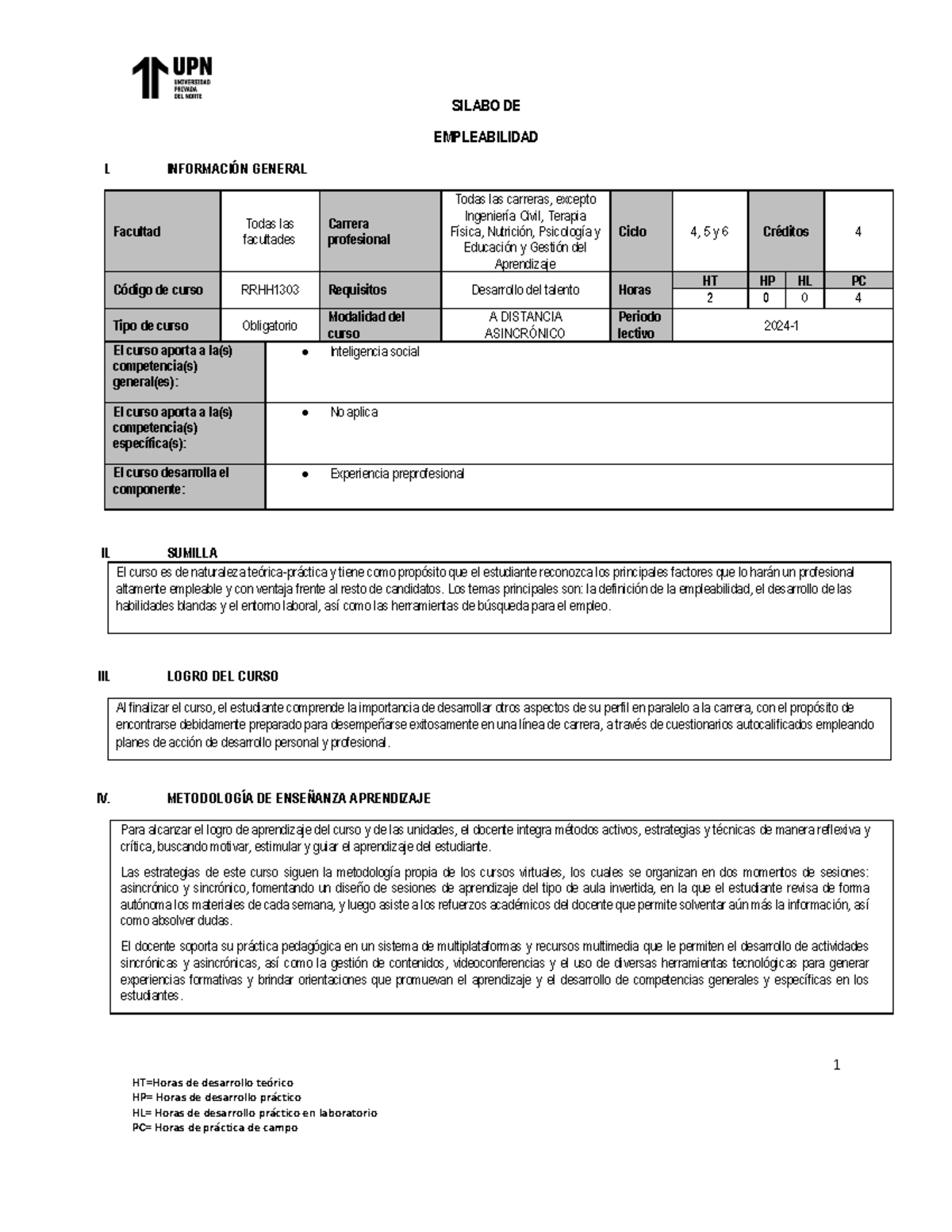 RRHH - SILABO - 1 HT=Horas de desarrollo teórico HP= Horas de desarrollo práctico HL= Horas de ...