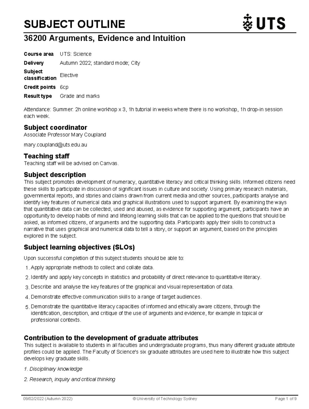 Arguments evidence and intuition Autumn 2021 - SUBJECT OUTLINE 36200 ...
