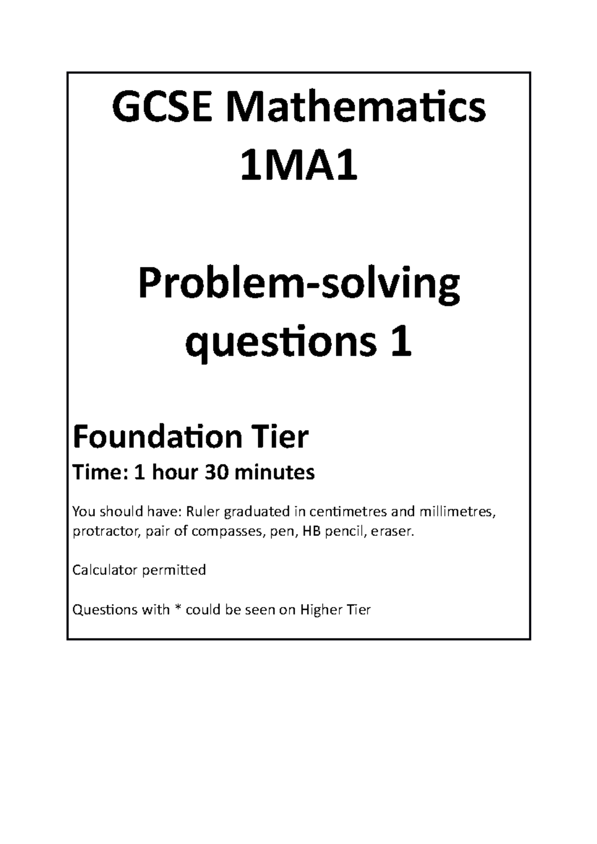 Foundation Problem Solving Questions GCSE Mathematics 1MA Problem