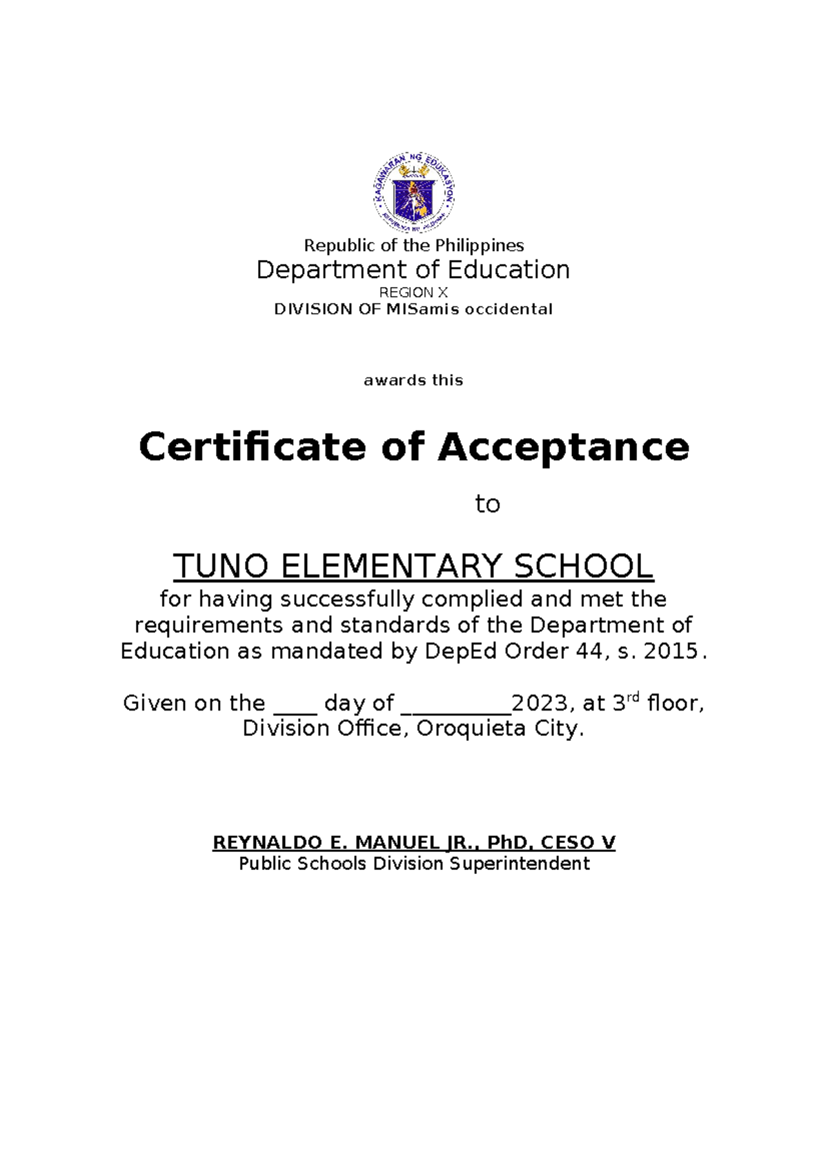 Certificate of Acceptance SIP - Republic of the Philippines Department ...