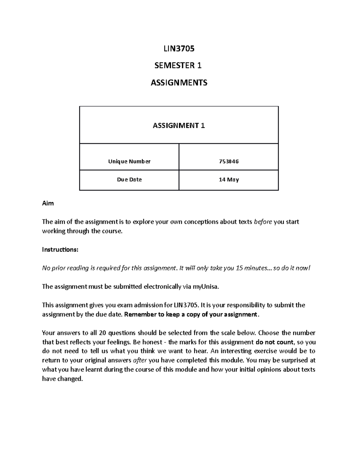 LIN3705 S1 - study - LIN SEMESTER 1 ASSIGNMENTS ASSIGNMENT 1 Unique Number 753046 Due Date 14 ...