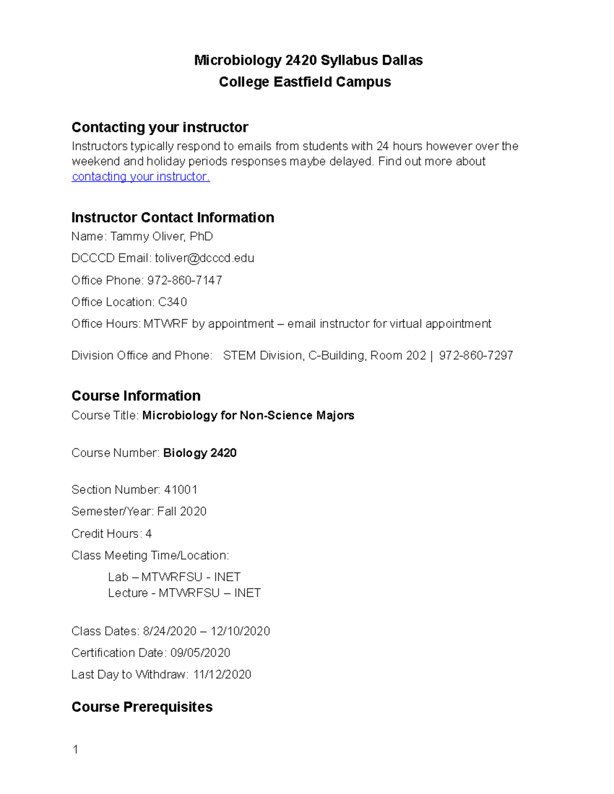 2020fa Biol 2420 41001 Microbiology Microbiology 2420 Syllabus