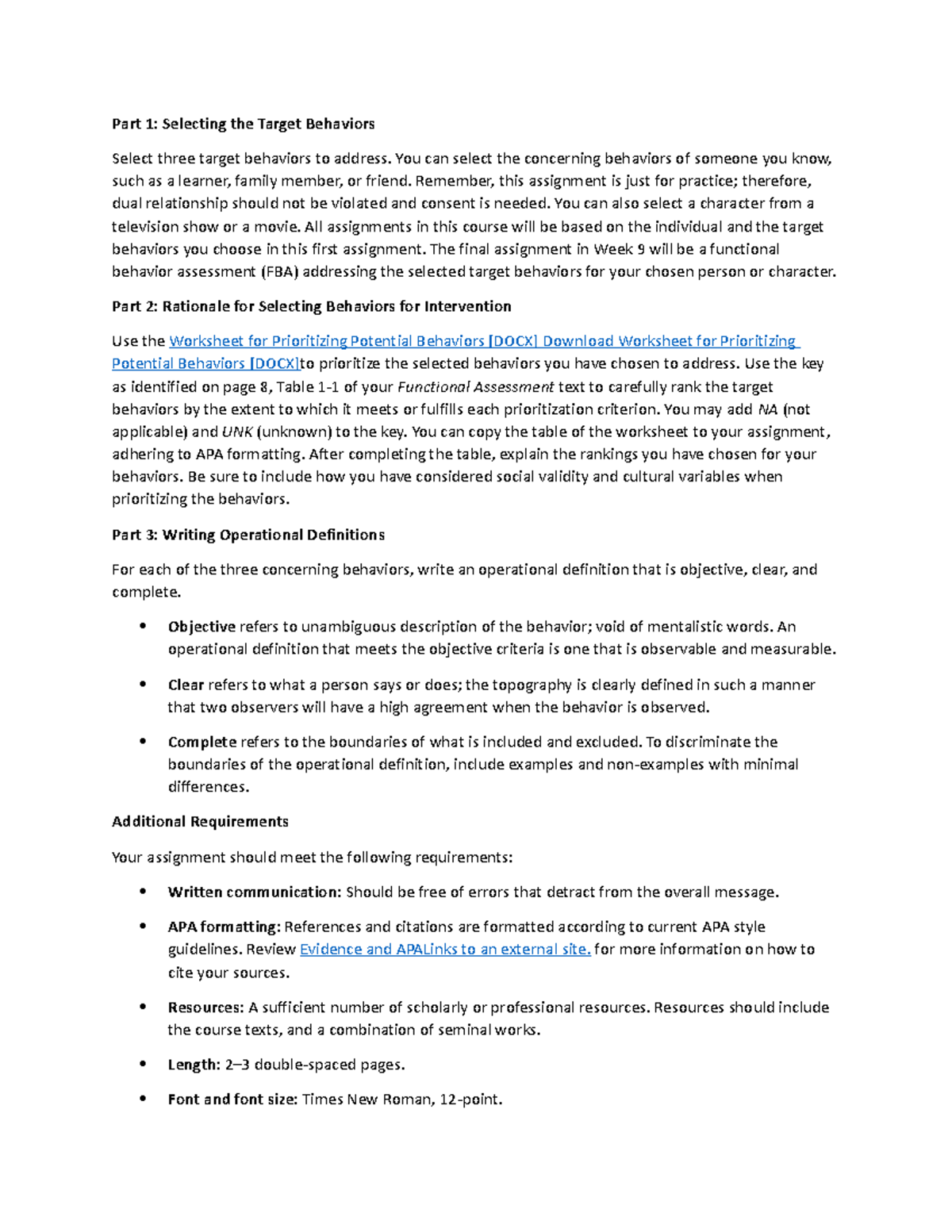 7712 week 2 assignment abc - Part 1: Selecting the Target Behaviors Select three target ...