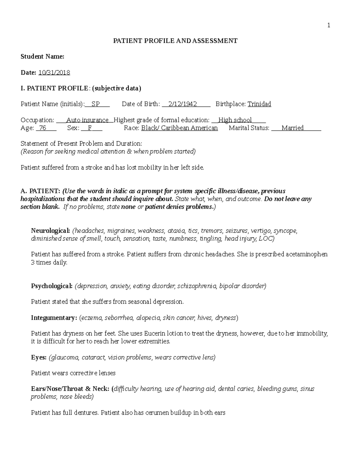 Patient Profile AND Assessment - PATIENT PROFILE AND ASSESSMENT Student ...