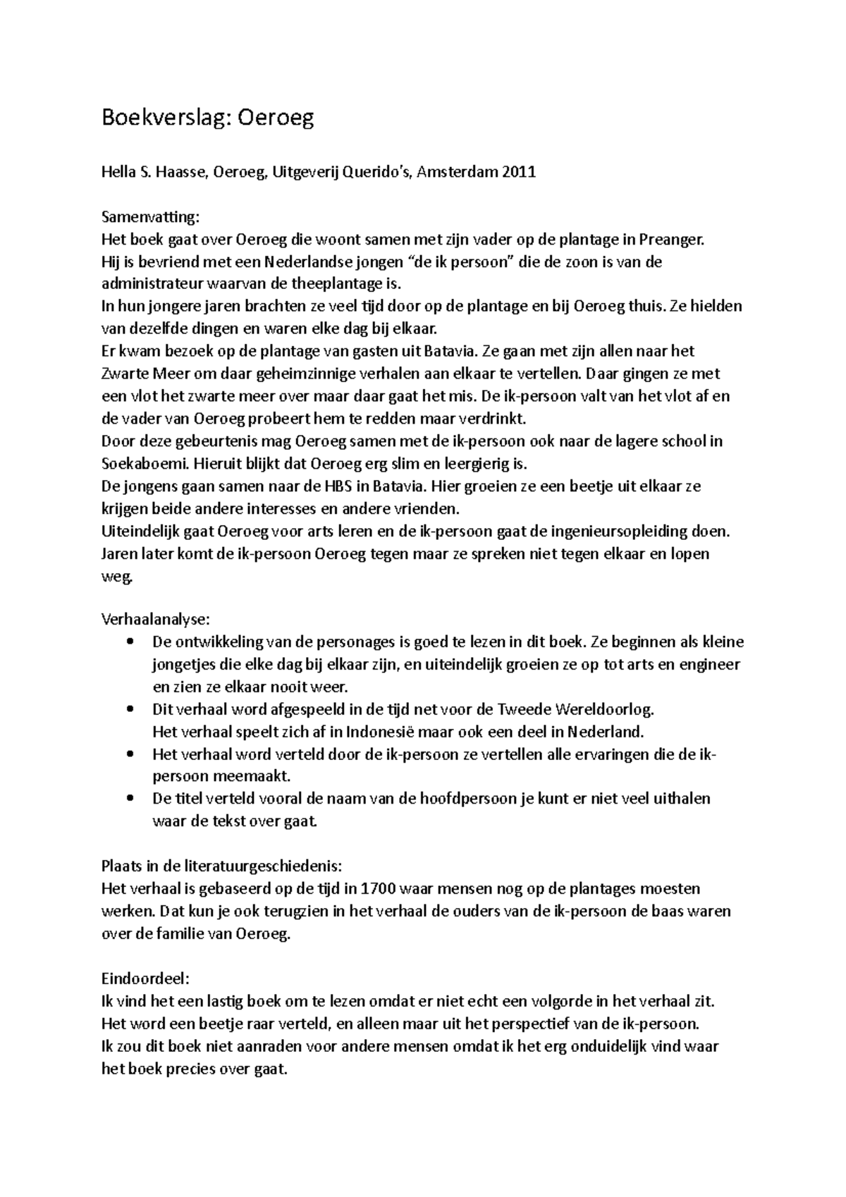 Boekverslag Oeroeg - Boekverslag: Oeroeg Hella S. Haasse, Oeroeg ...