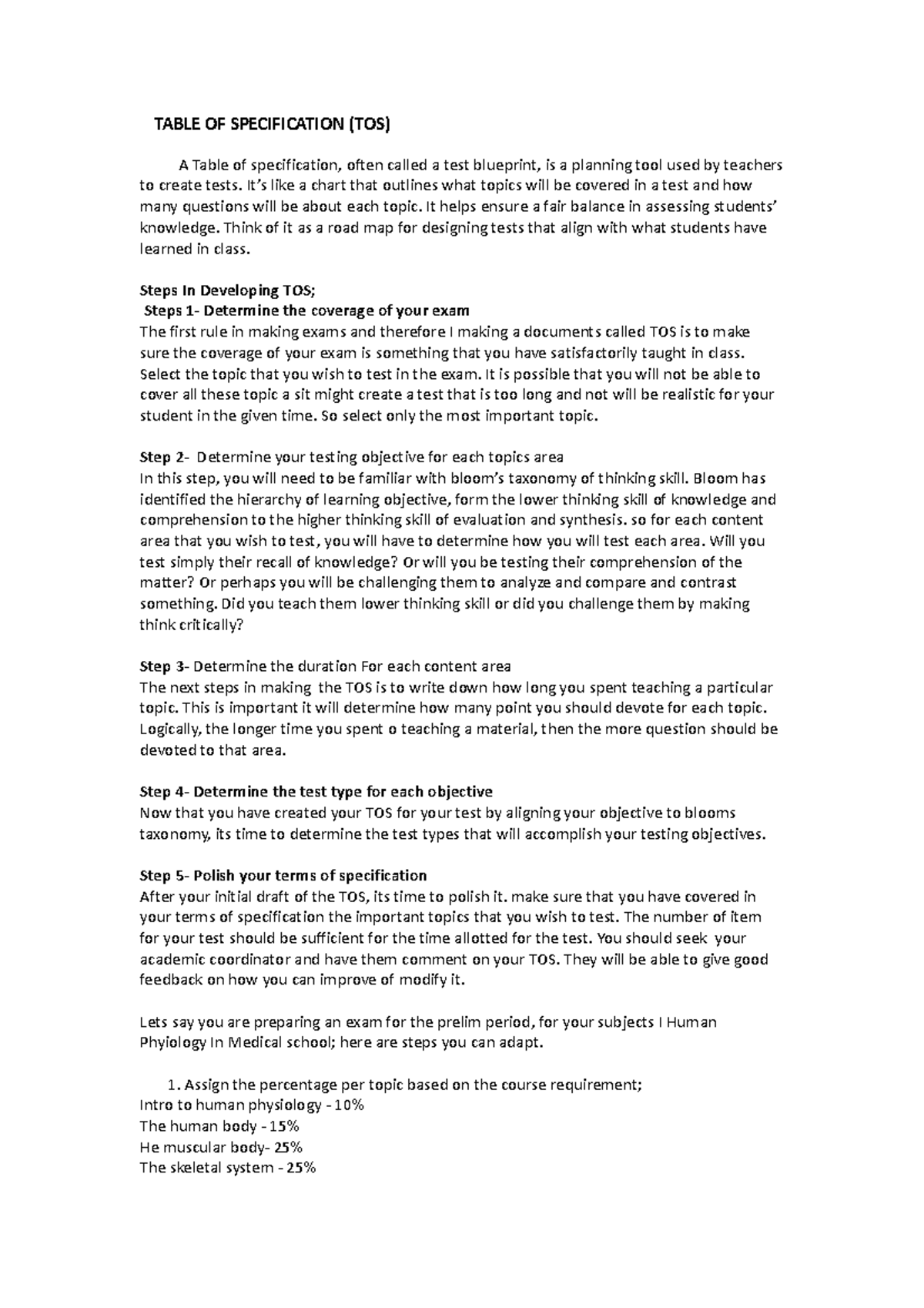 Table OF Specification - TABLE OF SPECIFICATION (TOS) A Table of ...
