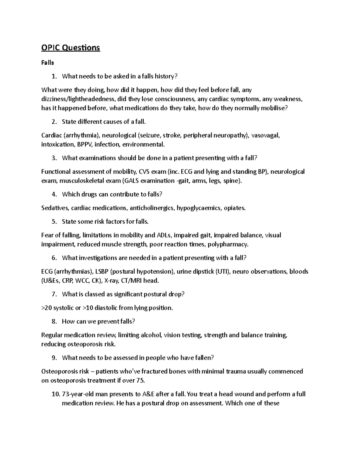 OPIC Questions - Year 4 SAQs - OPIC Questions Falls 1. What needs to be ...