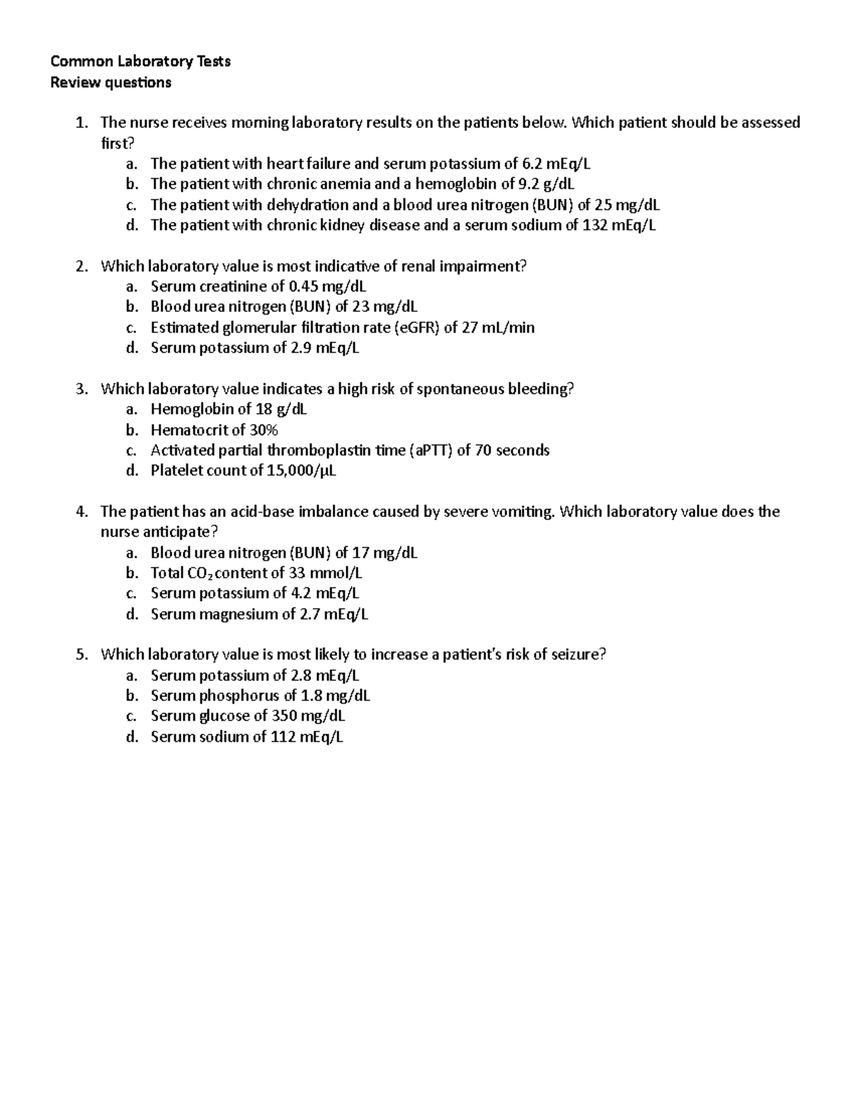 Common Laboratory Tests questions - Common Laboratory Tests Review ...