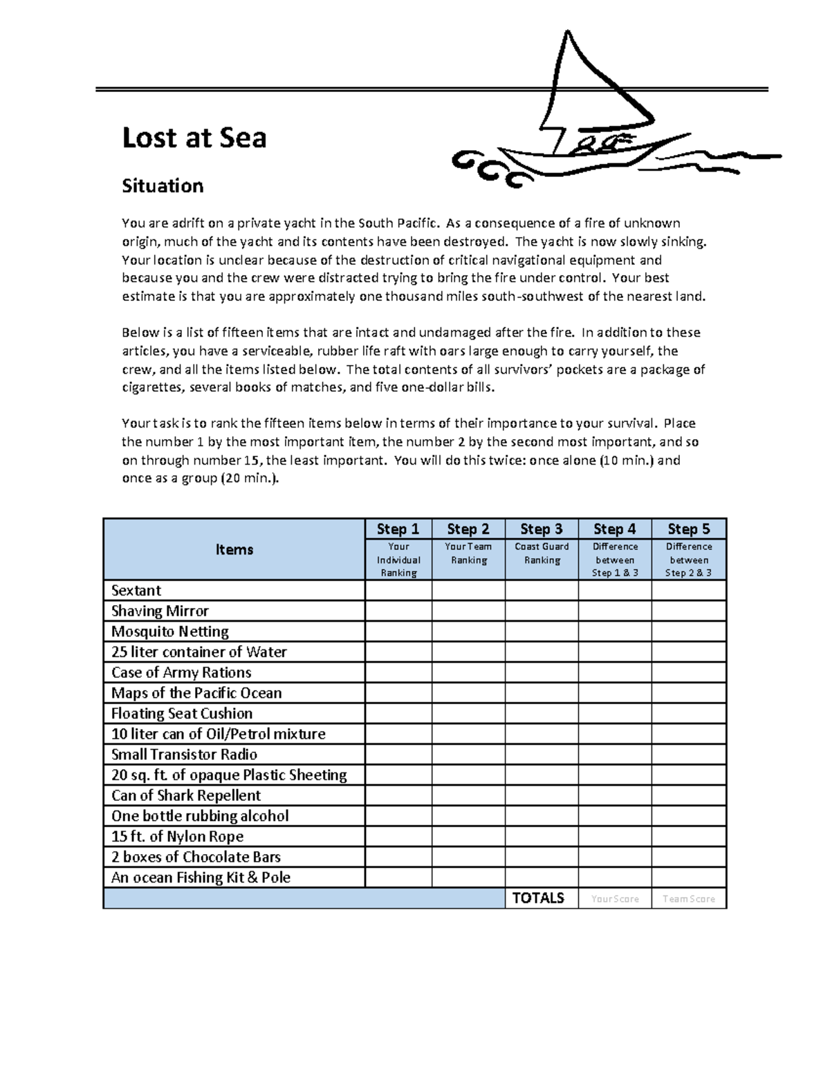 Lost at Sea Activity - Lost at Sea Situation You are adrift on a ...