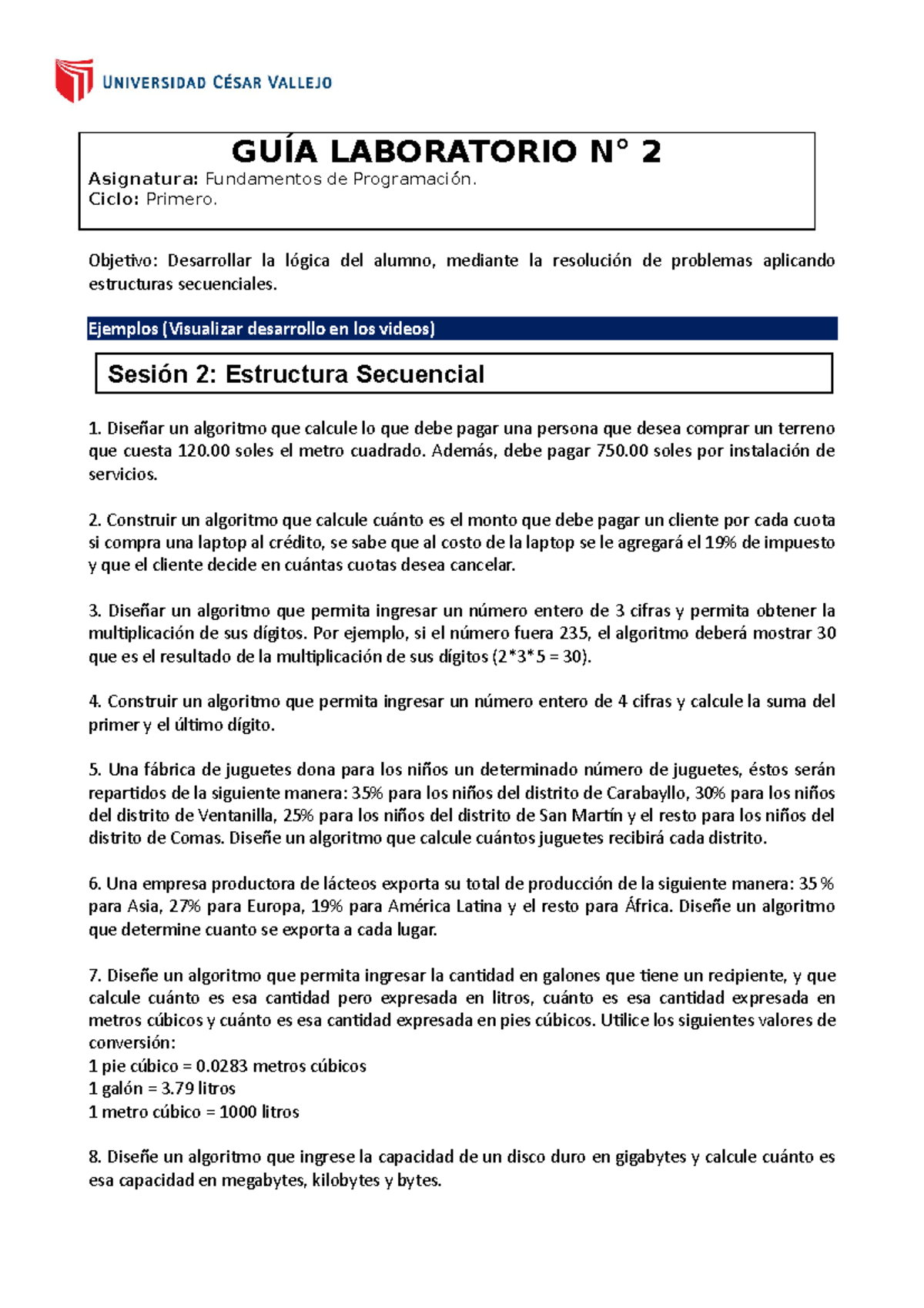 Guía Laboratorio 2 - ejercicios - GUÍA LABORATORIO N° 2 Asignatura: Fundamentos de Programación ...
