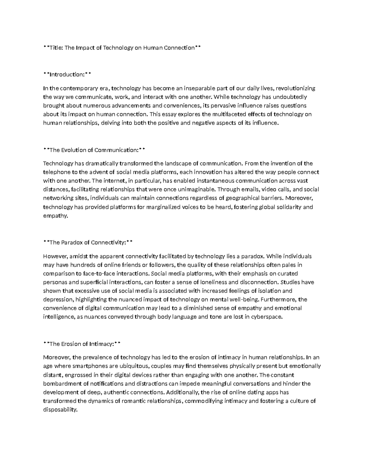 Title Tech for Human connection - Title: The Impact of Technology on ...