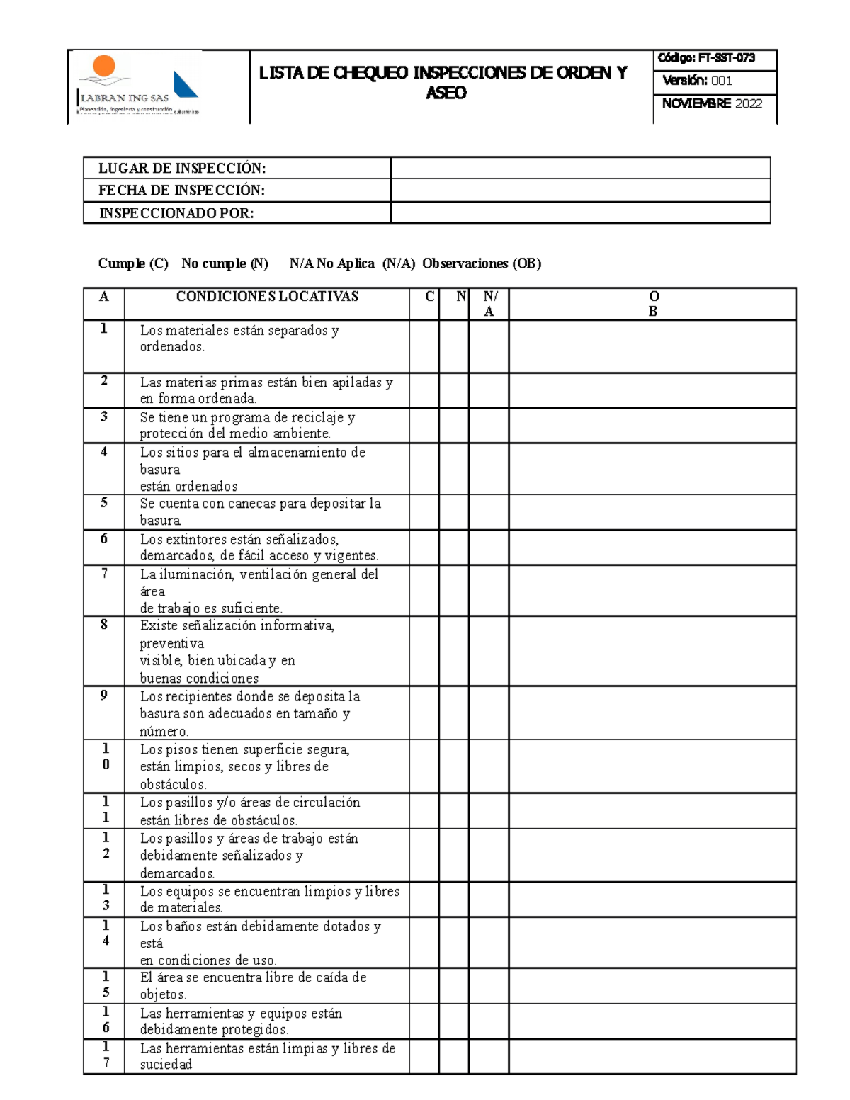Anexo 4 Lista Chequeo - LISTA DE CHEQUEO INSPECCIONES DE ORDEN Y ASEO Código: FT-SST- 073 ...