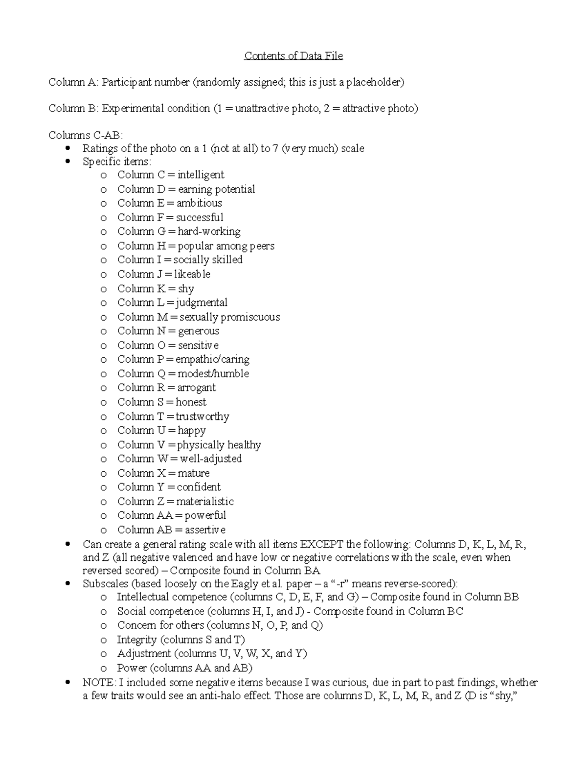 Contents of Data File Outline I - Contents of Data File Column A ...