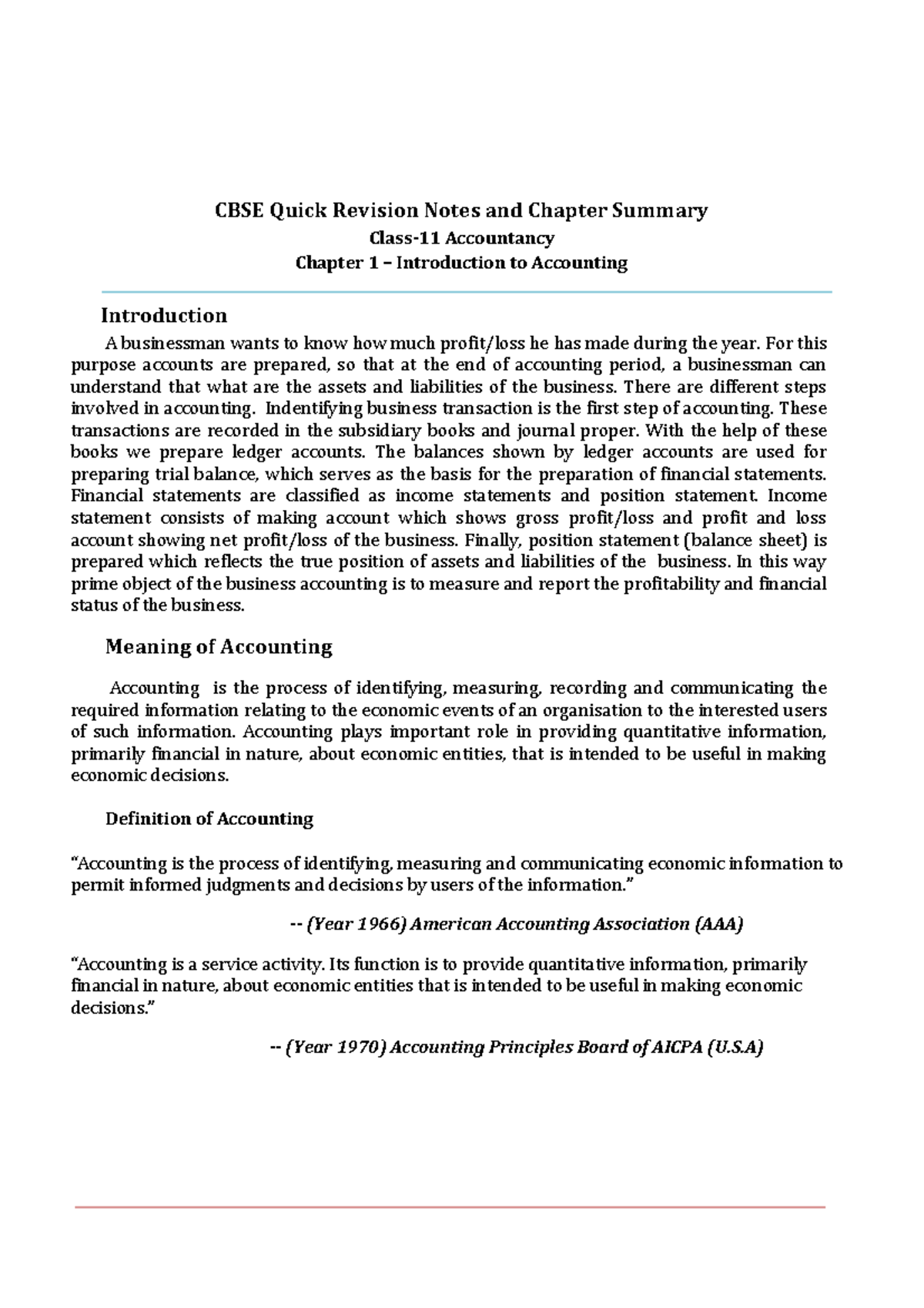 Introduction to accounting - CBSE Quick Revision Notes and Chapter ...