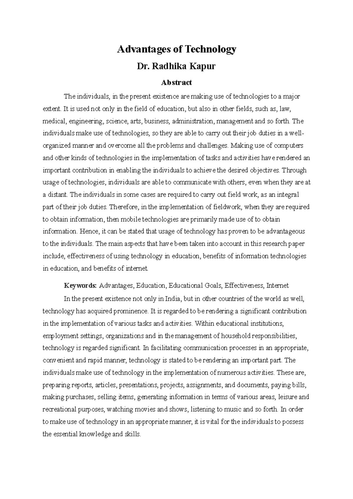 Advantagesof Technology-Paper 13 and Associated - Advantages of ...