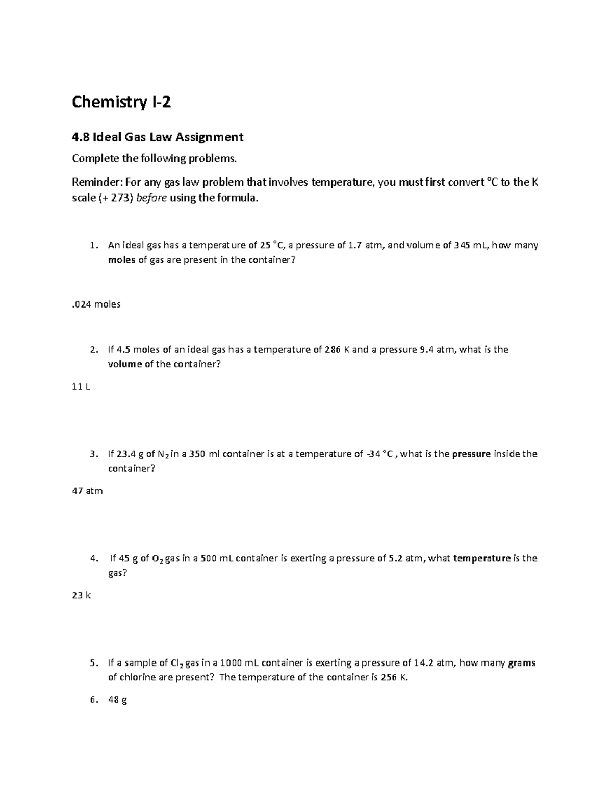 Copy of 4.8 Ideal Gas Laws - Chemistry I- 4 Ideal Gas Law Assignment ...