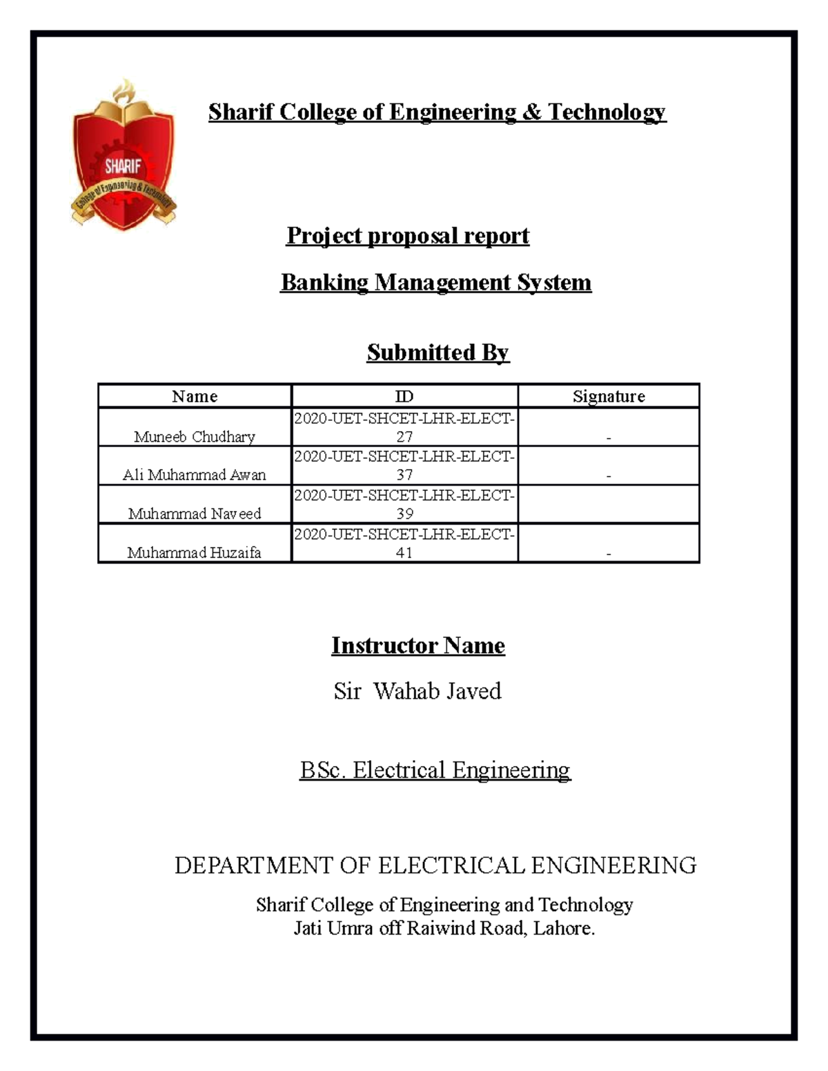 Bank Management System - Sharif College of Engineering & Technology ...