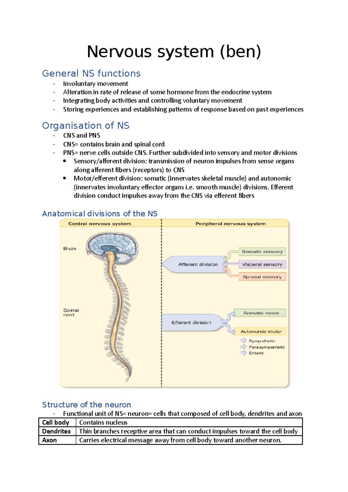 Nervous system - Lecture notes Week 12 - Nervous system (ben) General ...