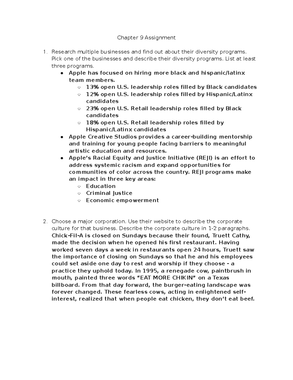 Chapter 9 Assignment - Chapter 9 Assignment Research multiple businesses and find out about ...