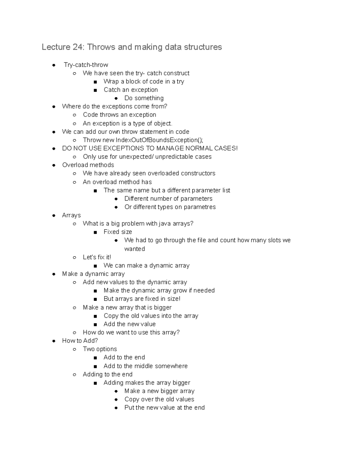 Throws and making data structures - We can add our own throw statement ...