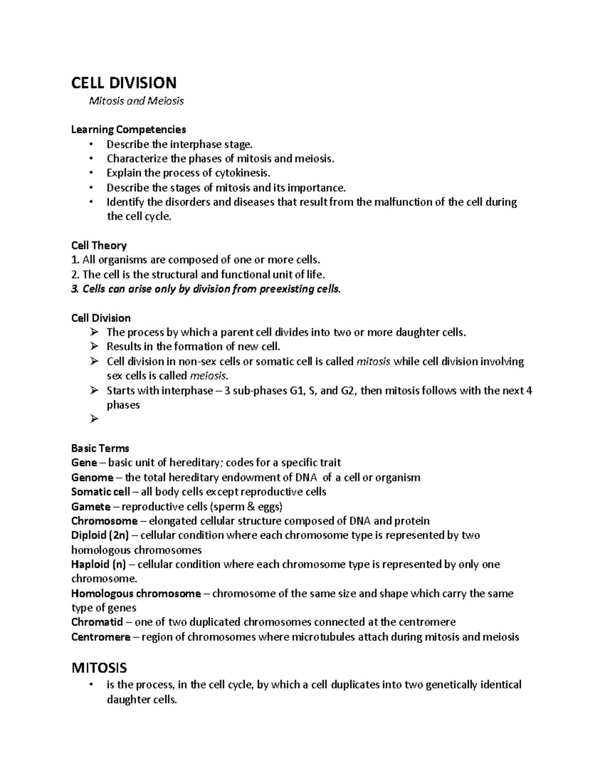 Lecture notes about Cell Division (Definition, Mitosis and Meiosis with ...