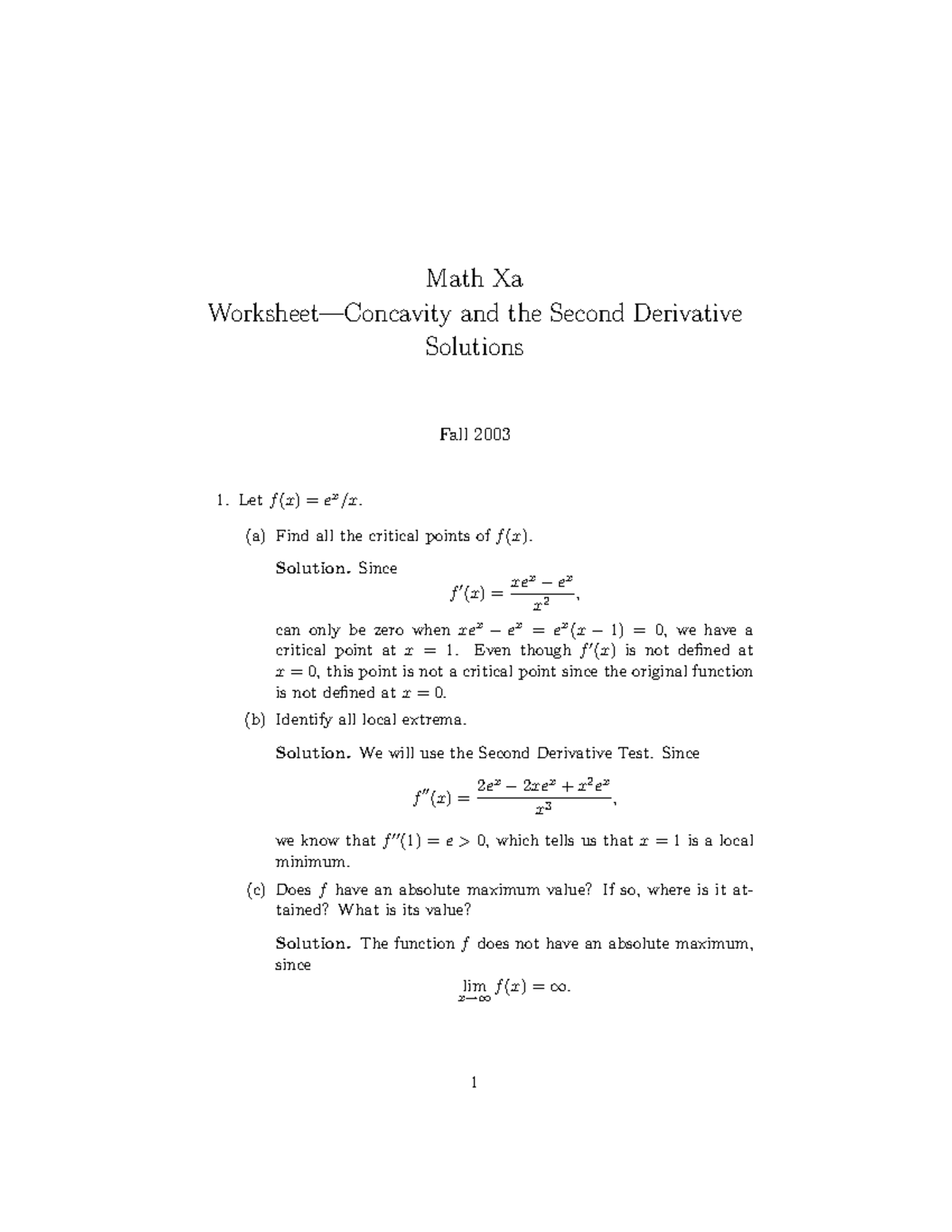 Concavity worksheet - Math Xa Worksheet—Concavity and the Second ...