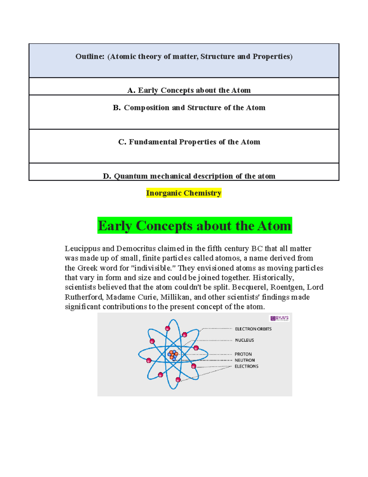 Atomic Theory OF Matter, Structure and Properties - Outline: (Atomic ...