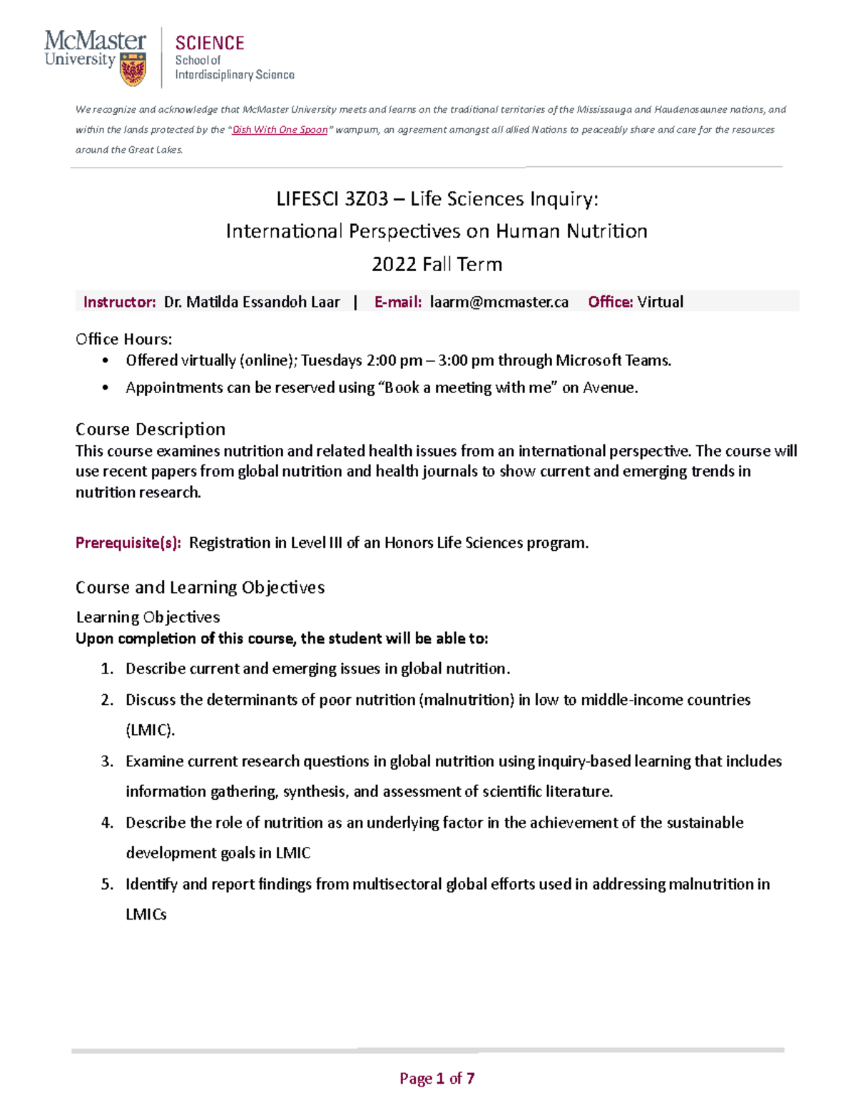 Lifesci-3Z03 - COURSE SUMMARY - We recognize and acknowledge that ...