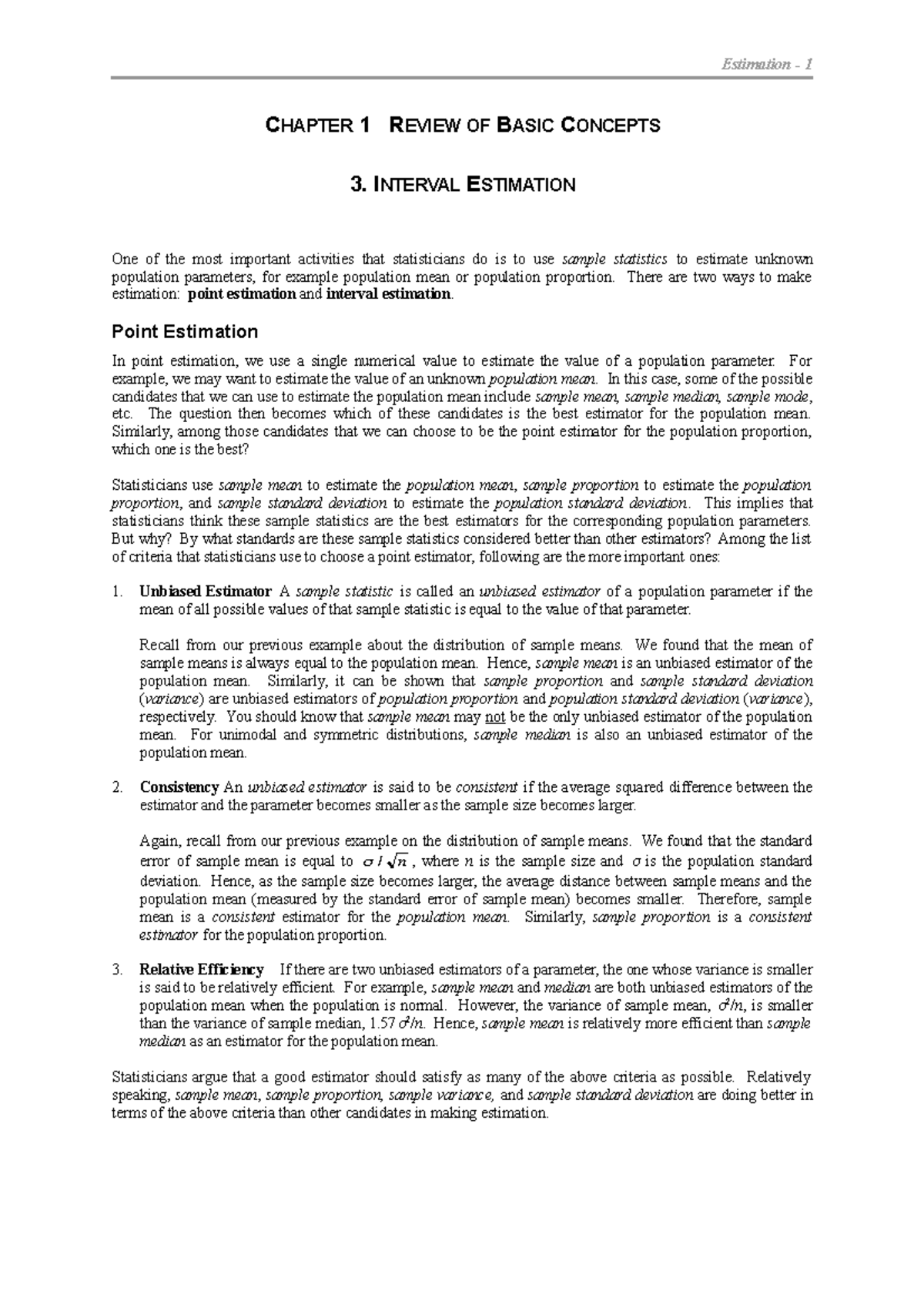 1.3 Review of Basic Concepts - Interval Estimation - Estimation - 1 ...