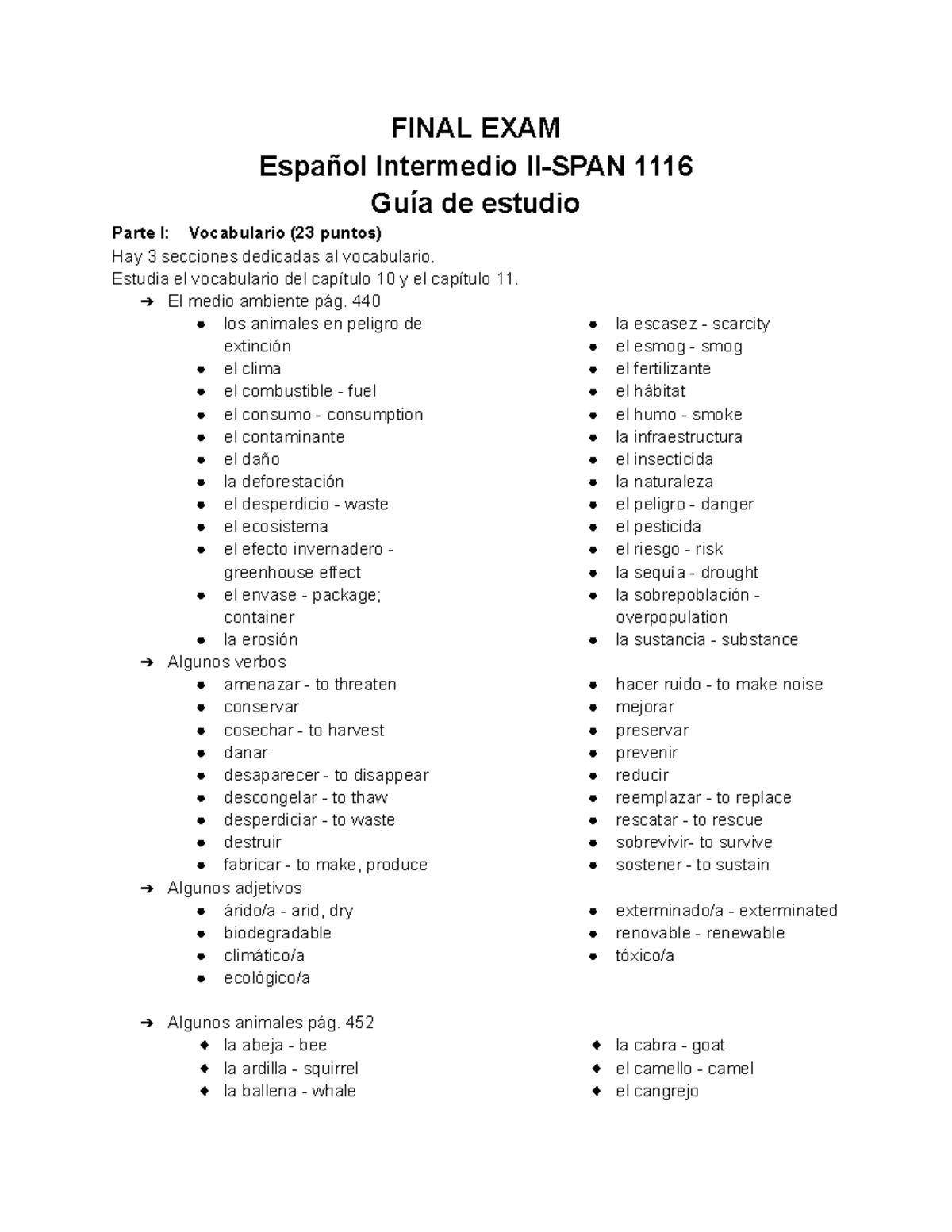 Intermediate Spanish II Final Study Guide - FINAL EXAM Español ...