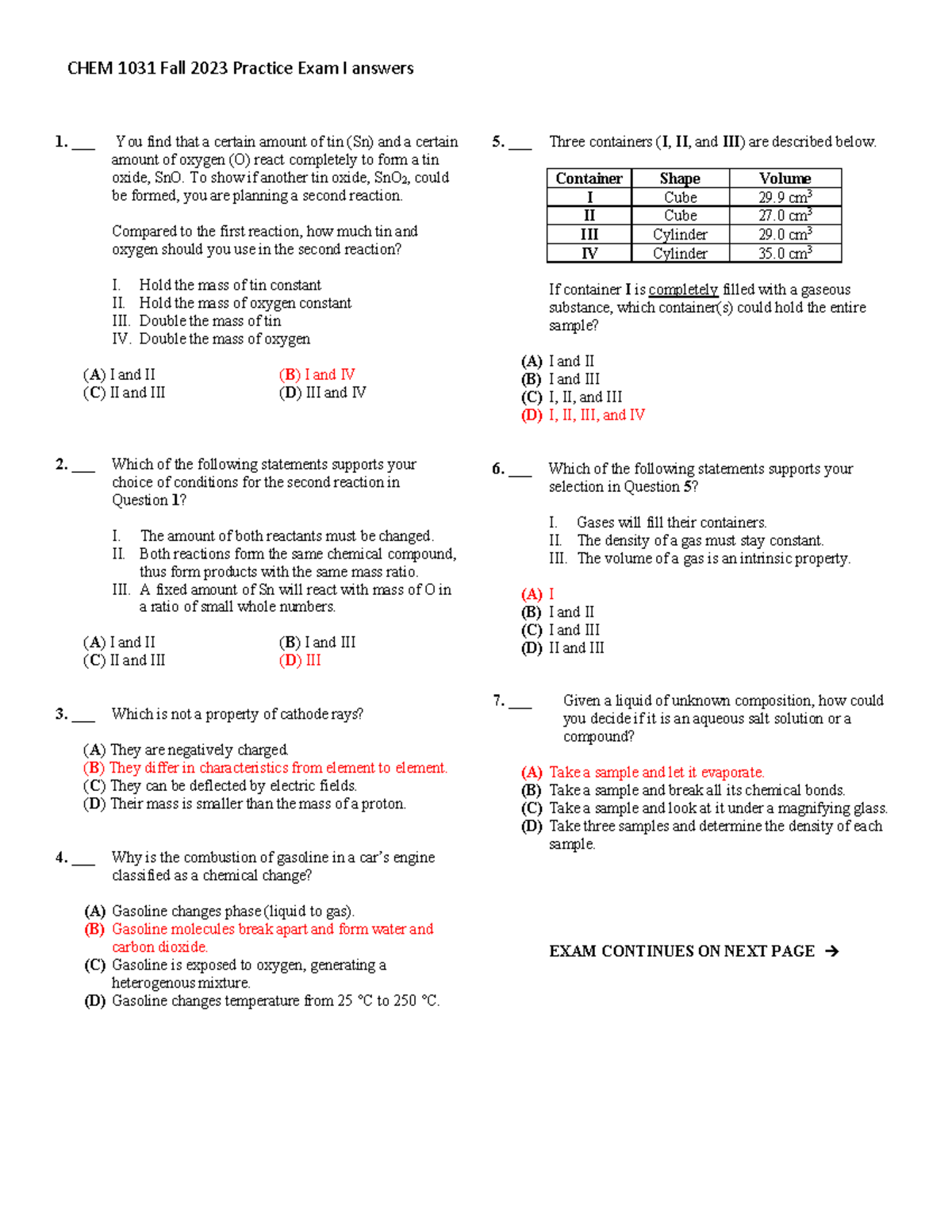 UA1 practice final answers-1 - CHEM 1031 Fall 2023 Practice Exam I ...