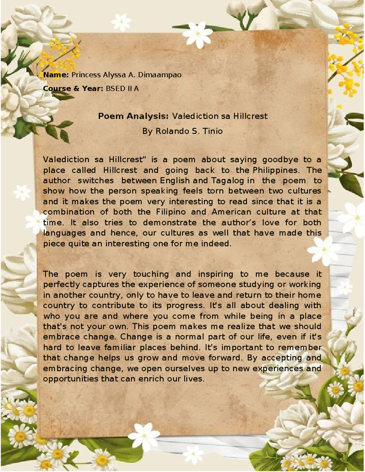 the poem analysis - Name: Princess Alyssa A. Dimaampao Course & Year ...