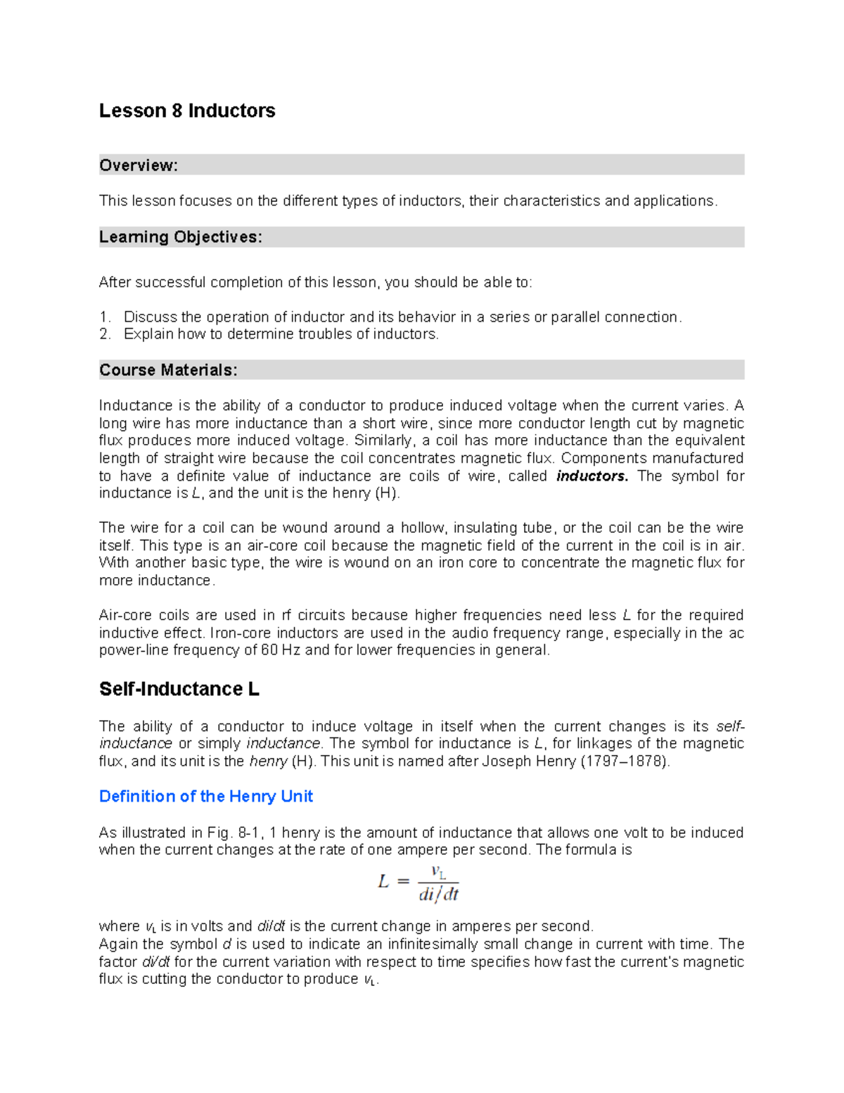 Inductance - Lesson 8 Inductors Overview: This lesson focuses on the ...