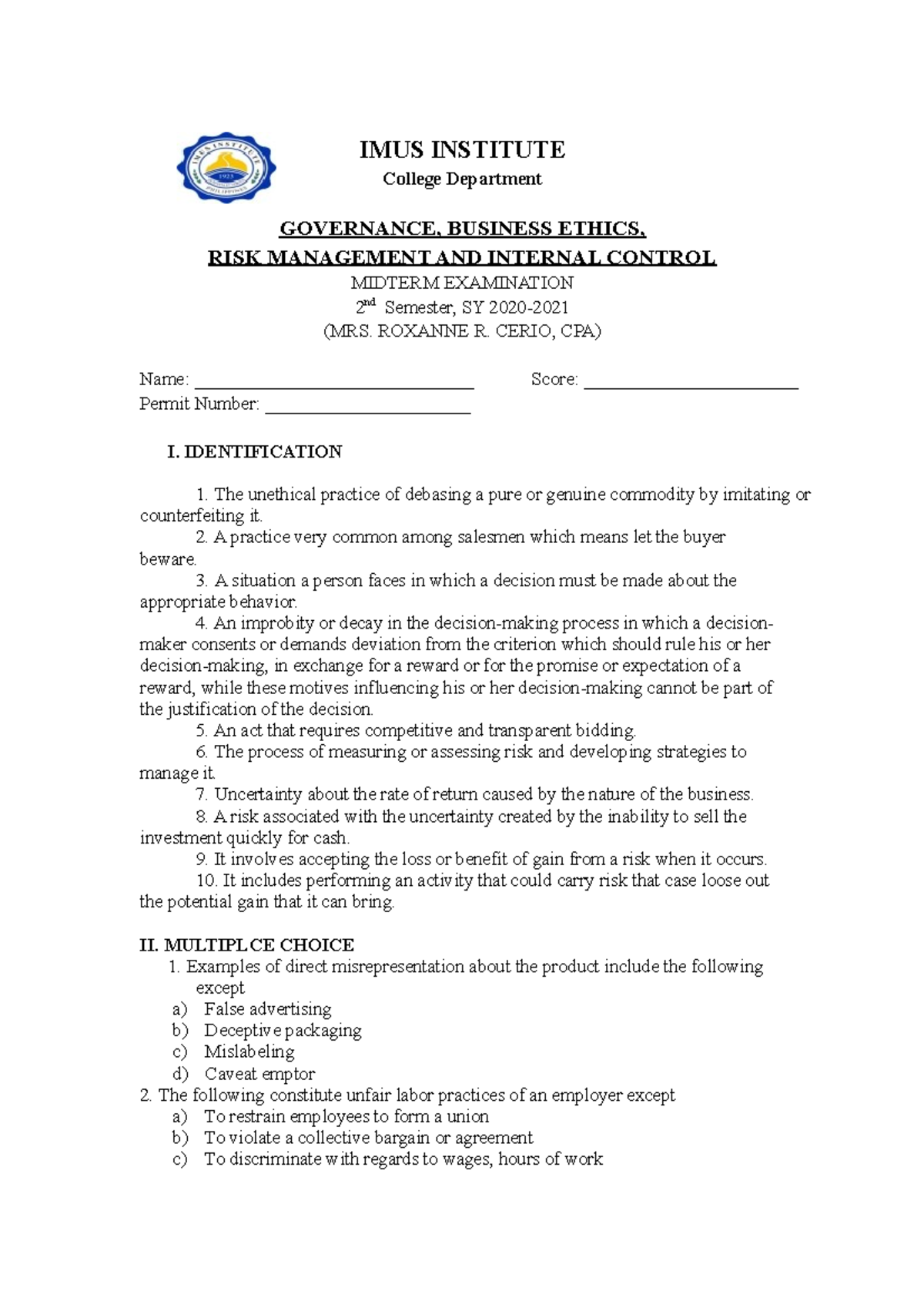Corp Gov Midterm Exam Imus Institute College Department Governance