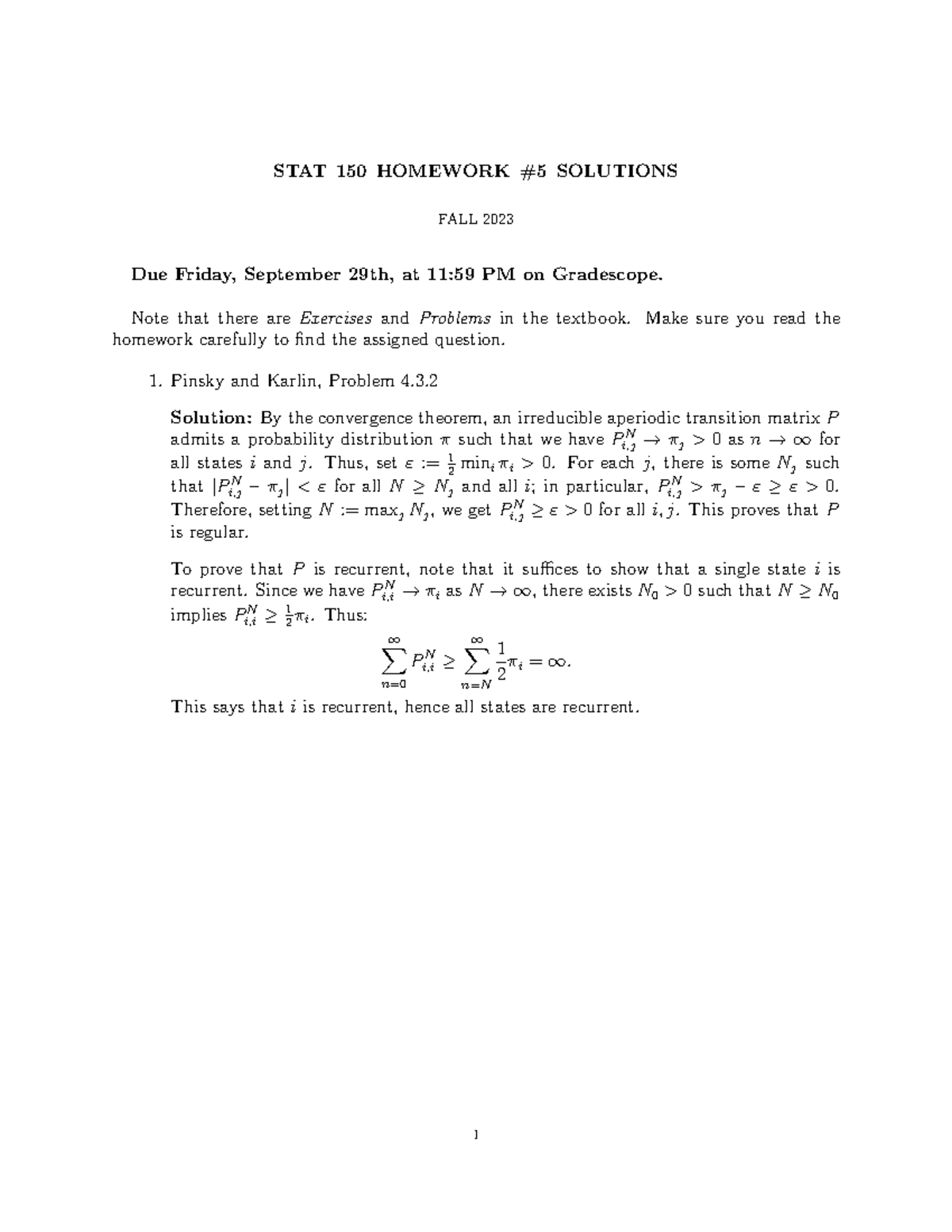 HW5 solutions - STAT 150 HW SOL - STAT 150 HOMEWORK #5 SOLUTIONS FALL 2023 Due Friday, September ...