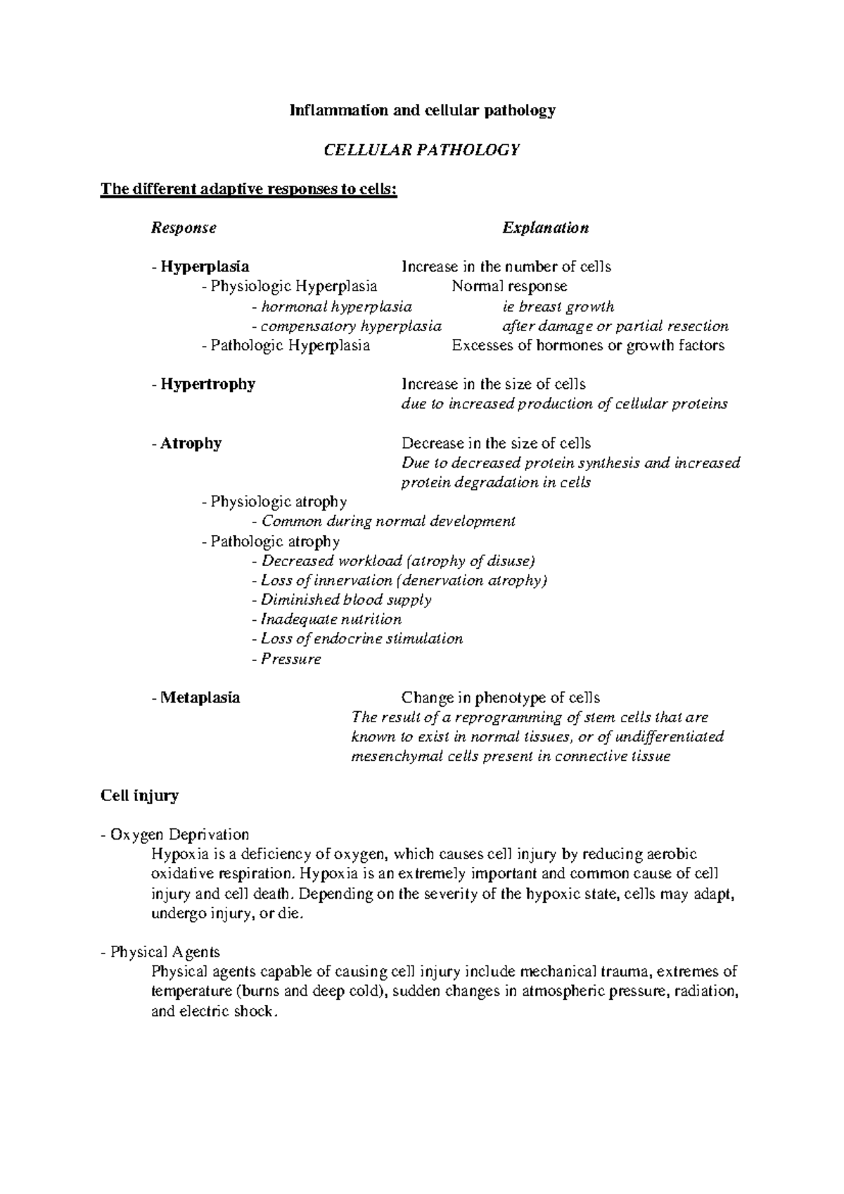 Summary Human Pathology: Inflammation and cellular pathology ...